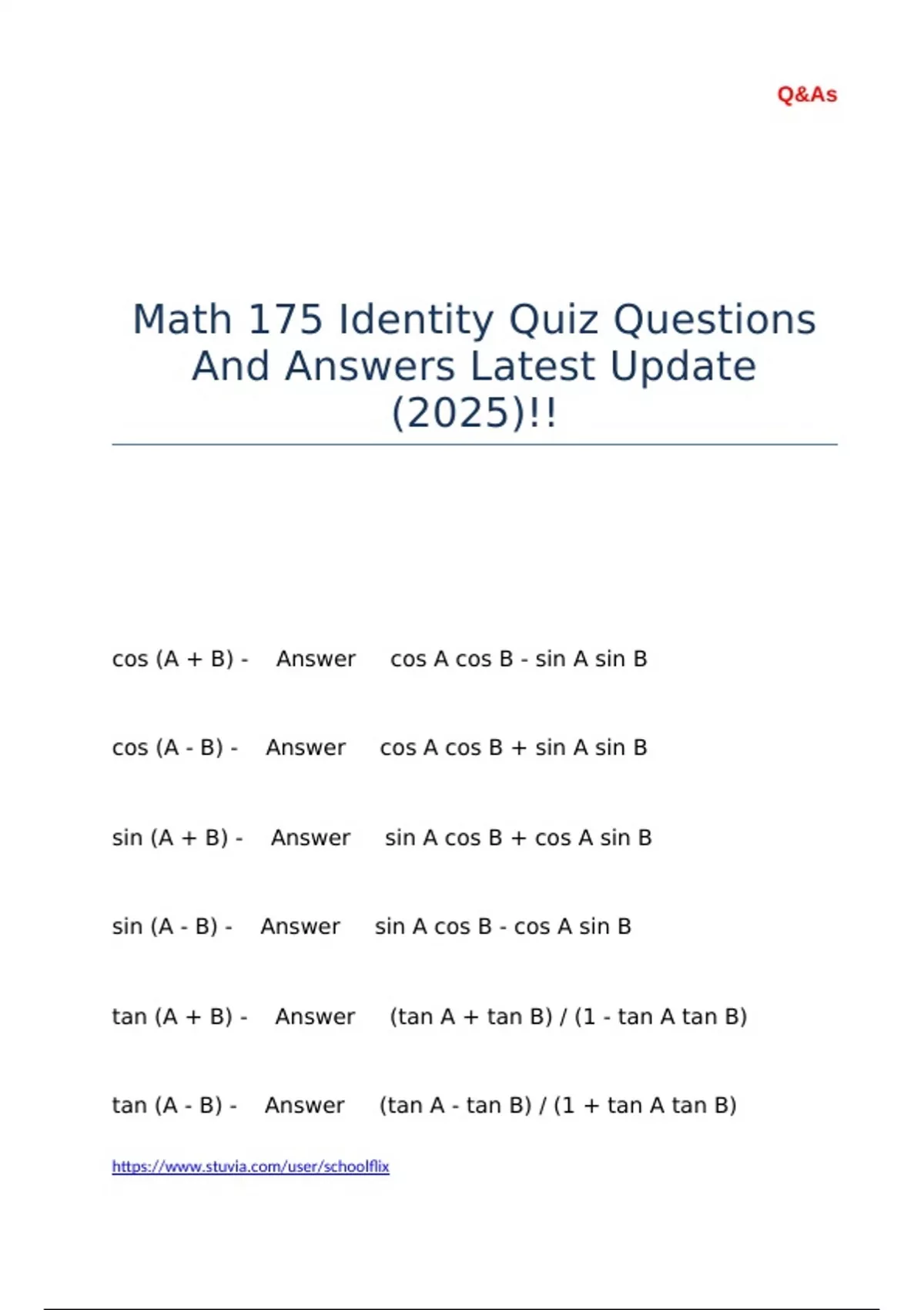 Math 175 Identity Quiz Questions And Answers Latest Update (2025 ...