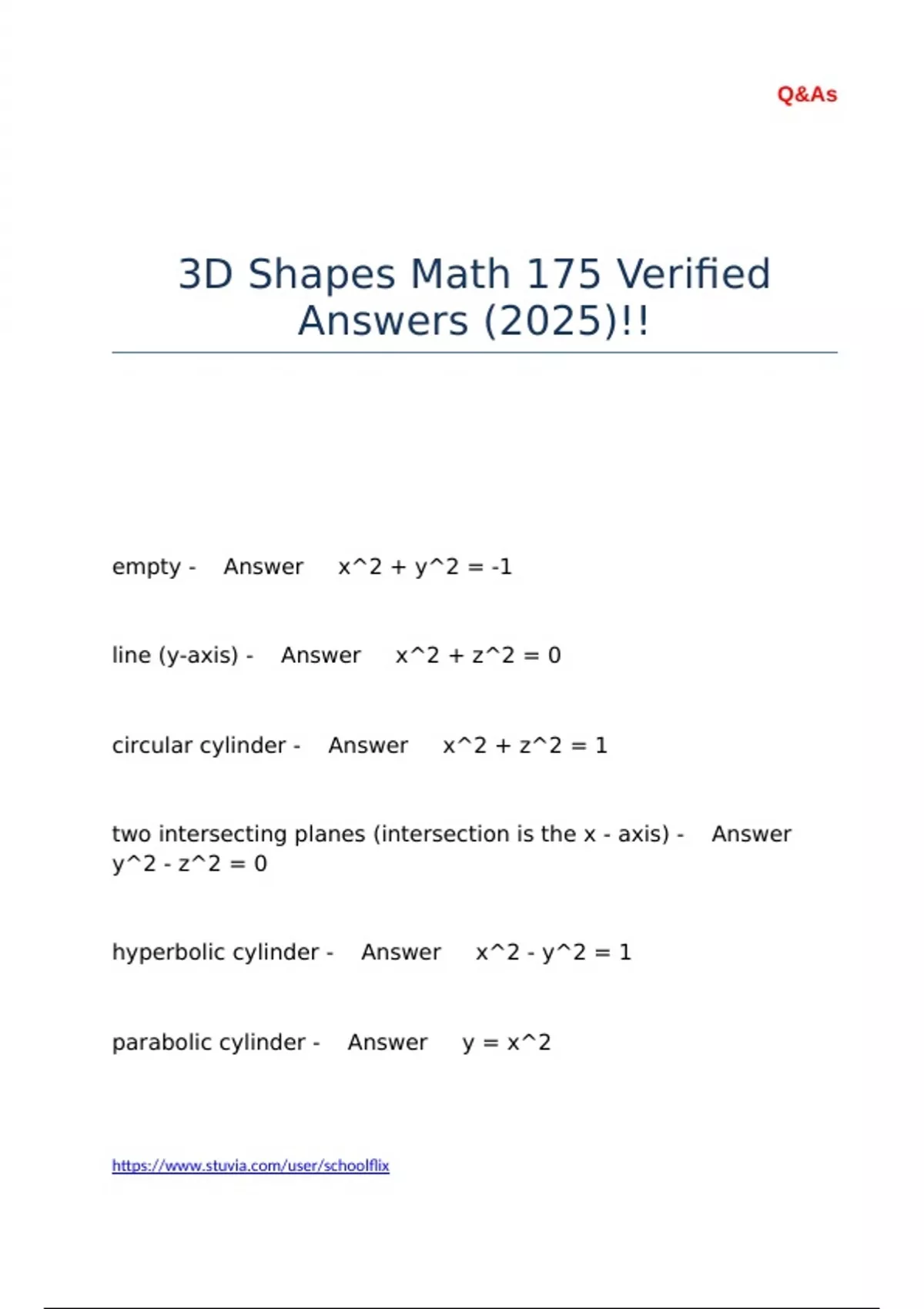 3D Shapes Math 175 Verified Answers (2025)!! - MATH 175 - Stuvia US