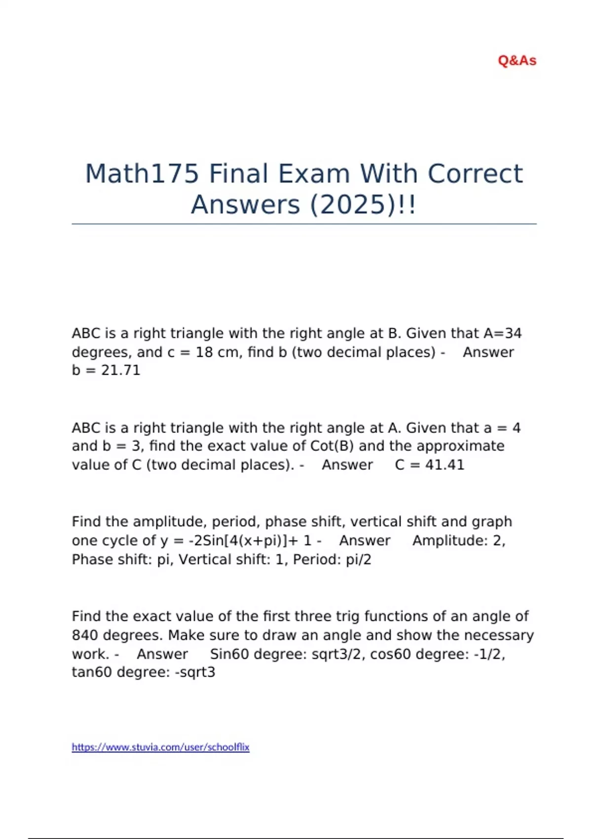 Math175 Final Exam With Correct Answers (2025)!! - MATH 175 - Stuvia US
