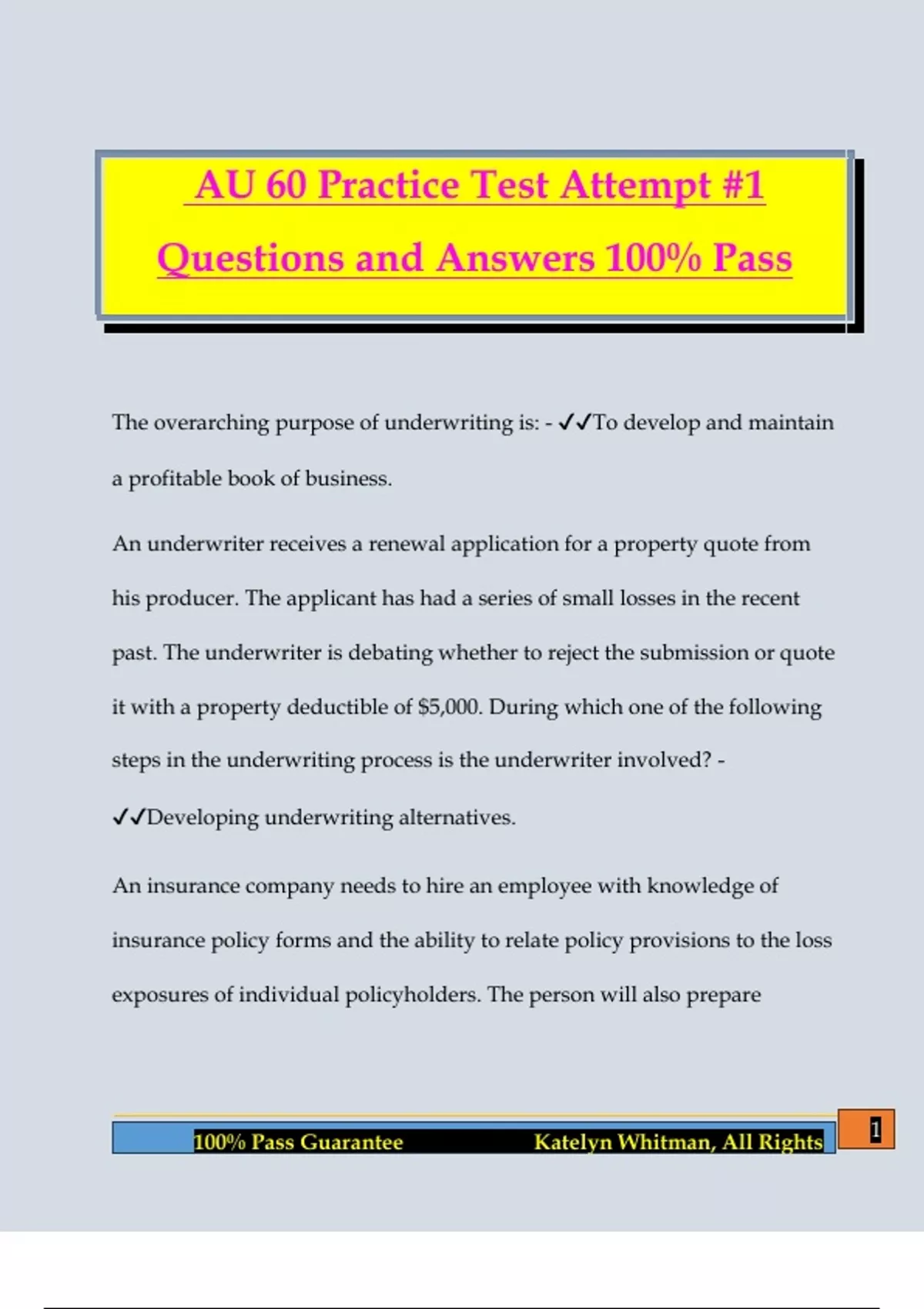 AU 60 Practice Test Attempt #1 Questions and Answers 100% Pass - AU 60 ...