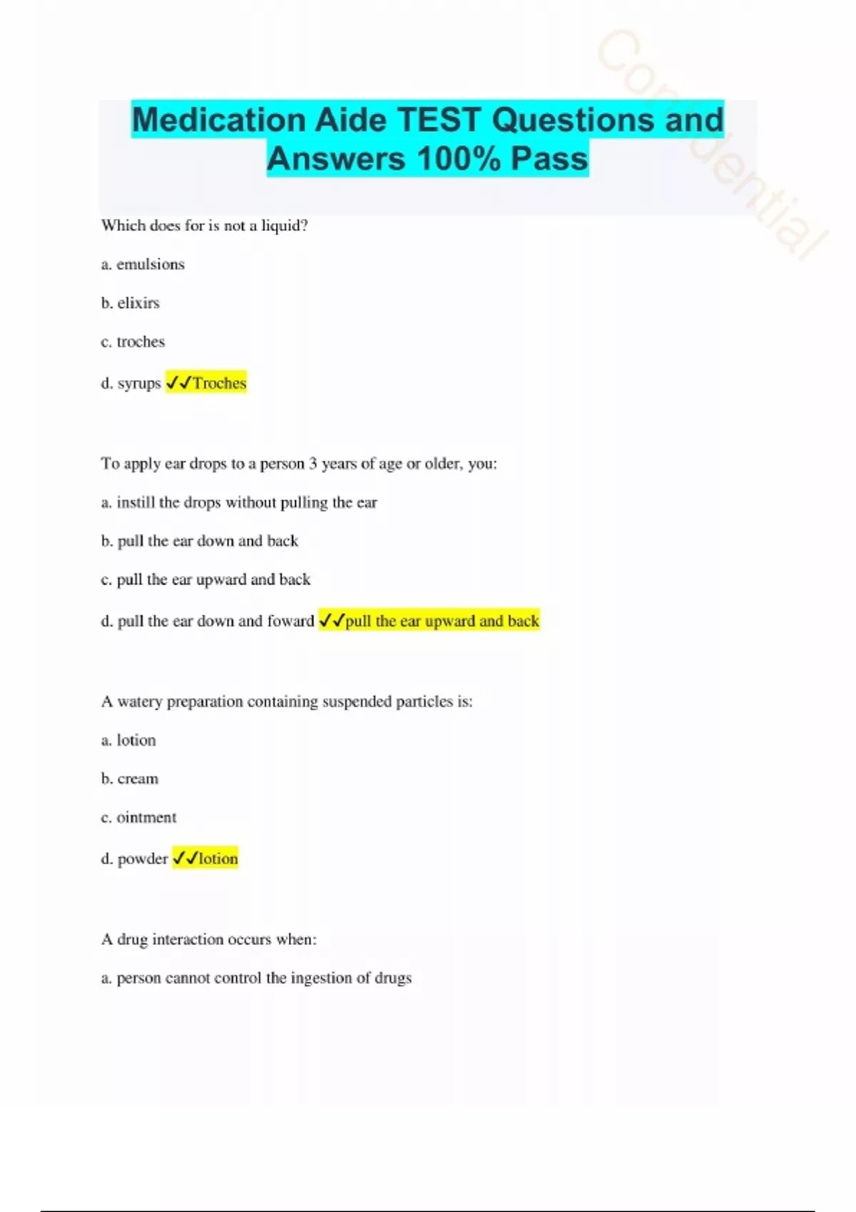 Medication Aide TEST Questions and Answers Latest update Questions and ...