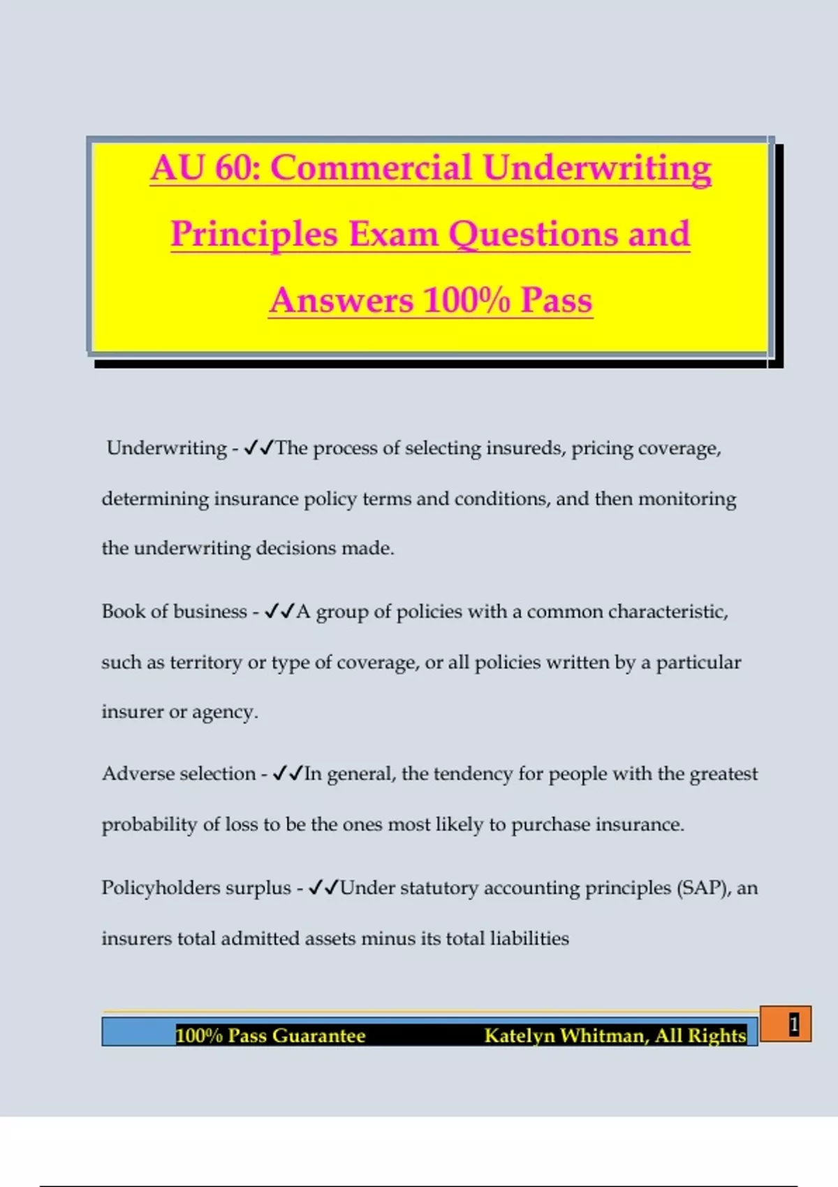 AU 60: Commercial Underwriting Principles Exam Questions and Answers ...