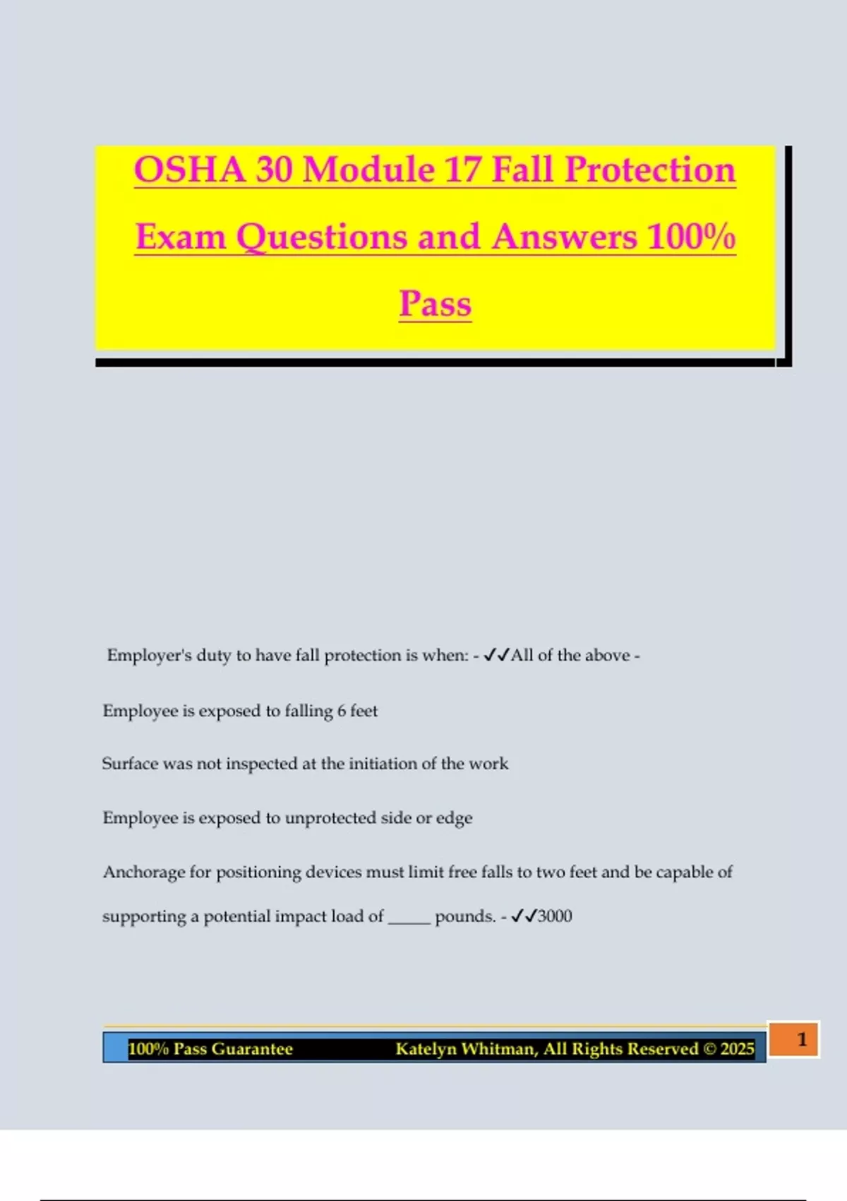 OSHA 30 Module 17 Fall Protection Exam Questions and Answers 100% Pass ...