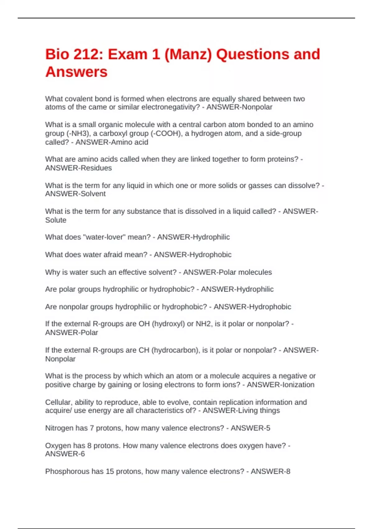 Bio 212: Exam 1 (Manz) Questions and Answers - BIO 212 - Stuvia US