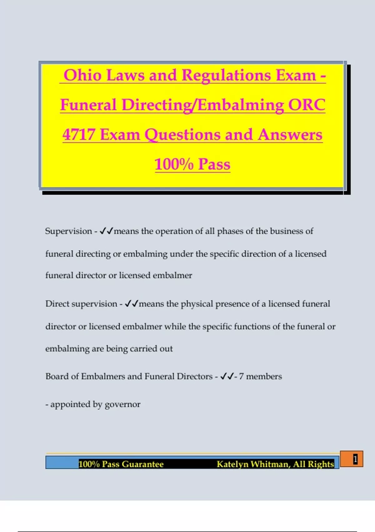 Ohio Laws and Regulations Exam - Funeral Directing/Embalming ORC 4717 Exam Questions and Answers ...