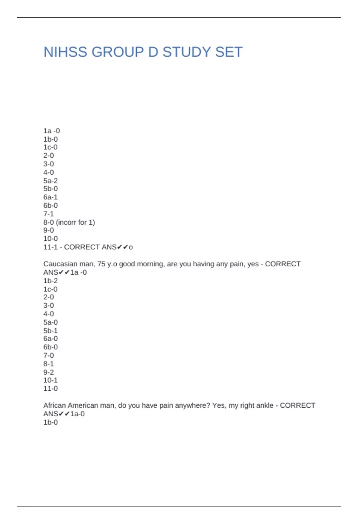 NIHSS GROUP D STUDY SET - NIH Stroke Scale - Stuvia US