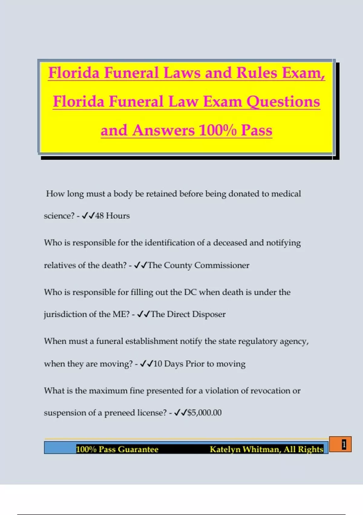 Florida Funeral Laws and Rules Exam, Florida Funeral Law Exam Questions ...
