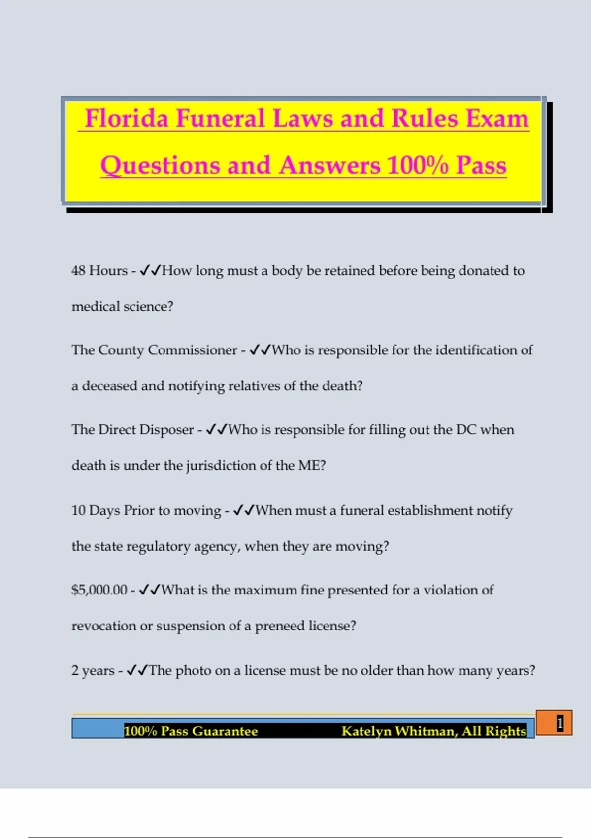 Florida Funeral Laws and Rules Exam Questions and Answers 100% Pass ...