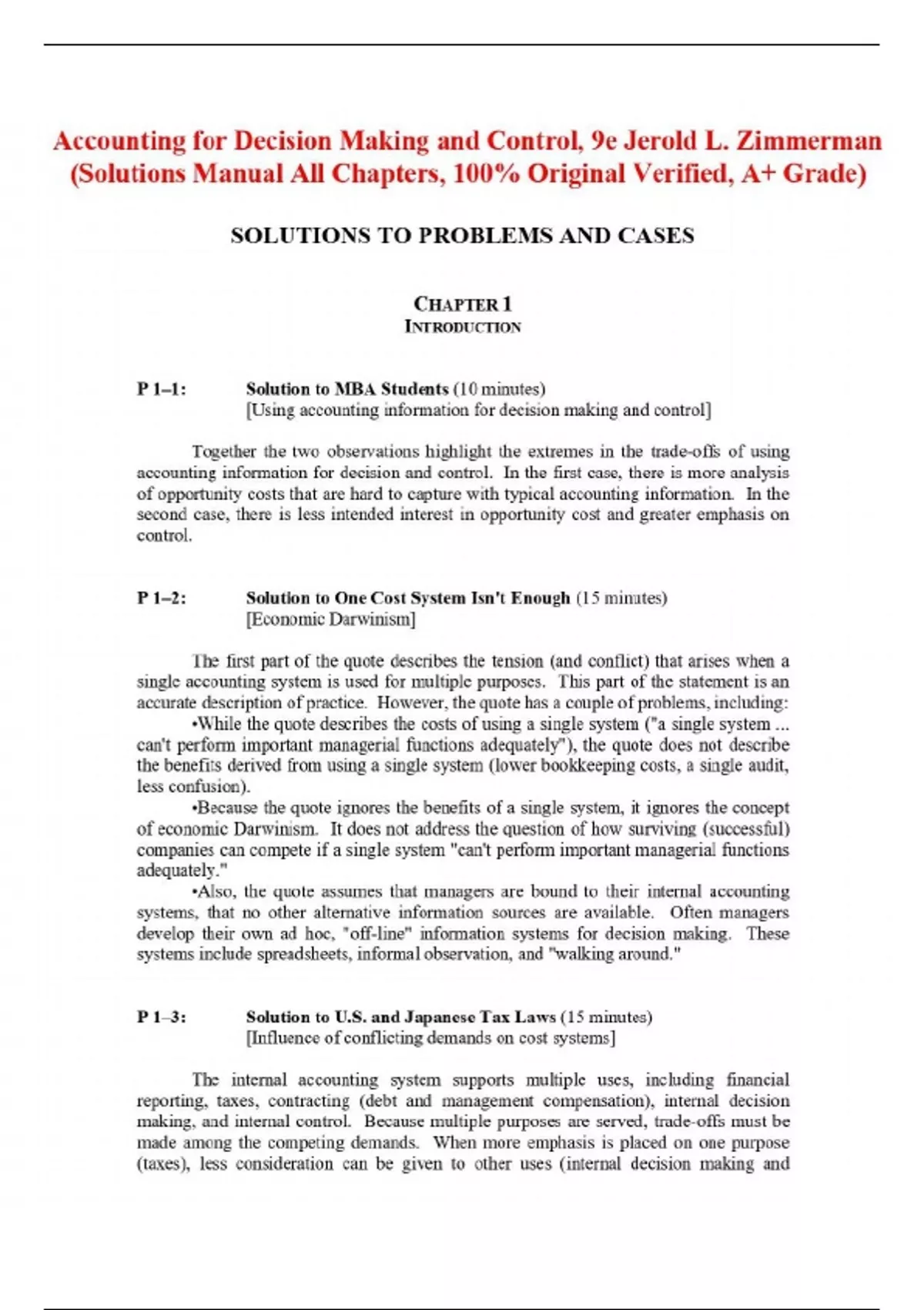 Accounting for Decision Making and Control, 9e Jerold L. Zimmerman ...