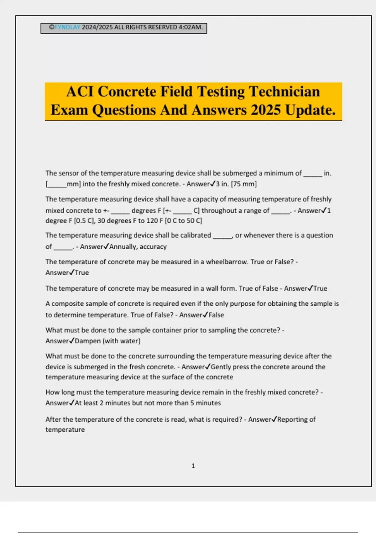 ACI Concrete Field Testing Technician Exam Questions And Answers 2025 ...