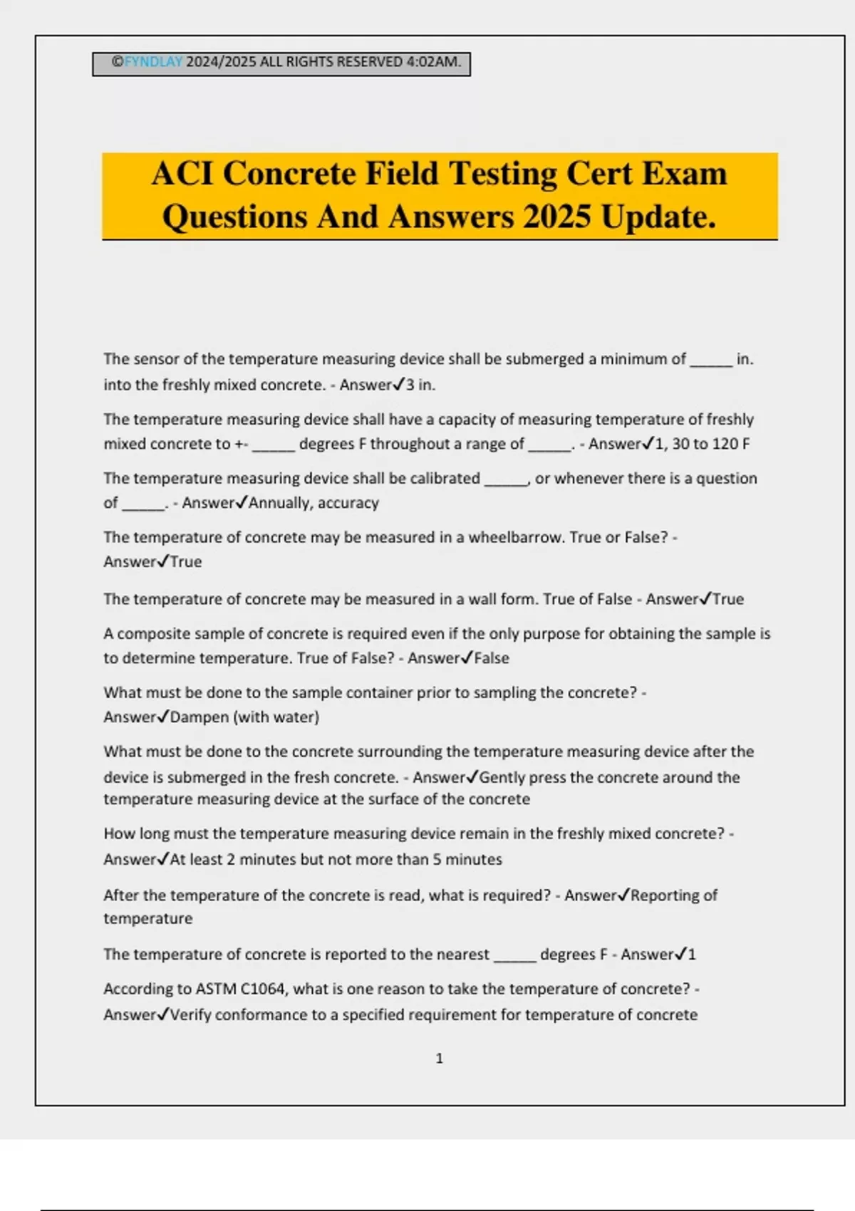 ACI Concrete Field Testing Cert Exam Questions And Answers 2025 Update ...