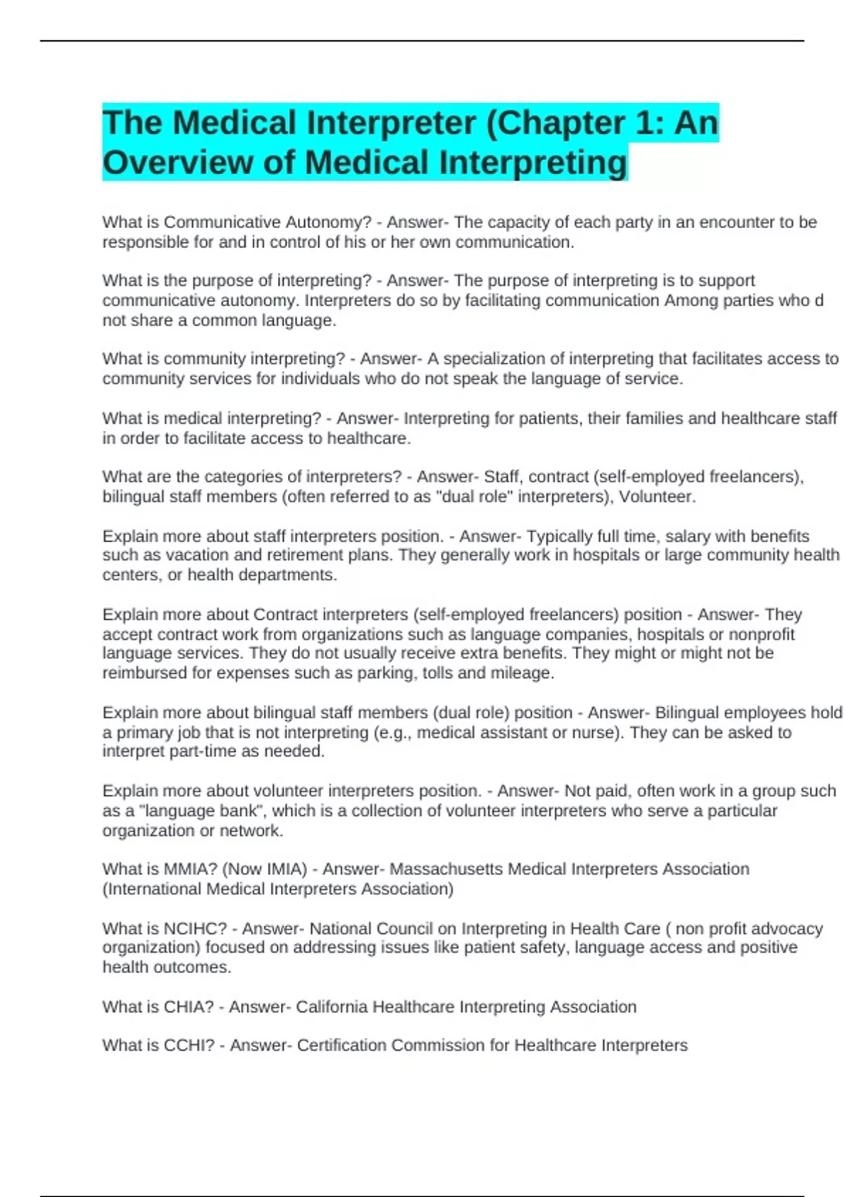 The Medical Interpreter (Chapter 1: An Overview of Medical Interpreting ...