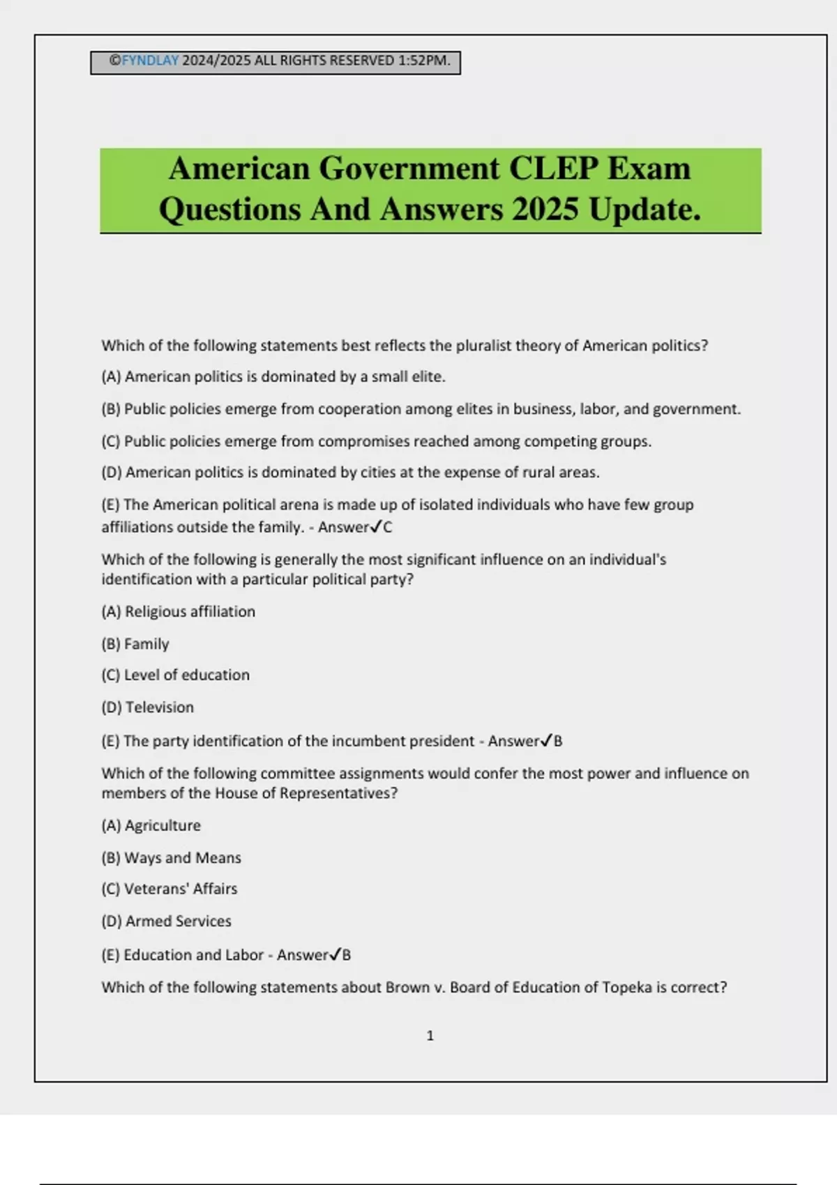 American Government CLEP Exam Questions And Answers 2025 Update ...