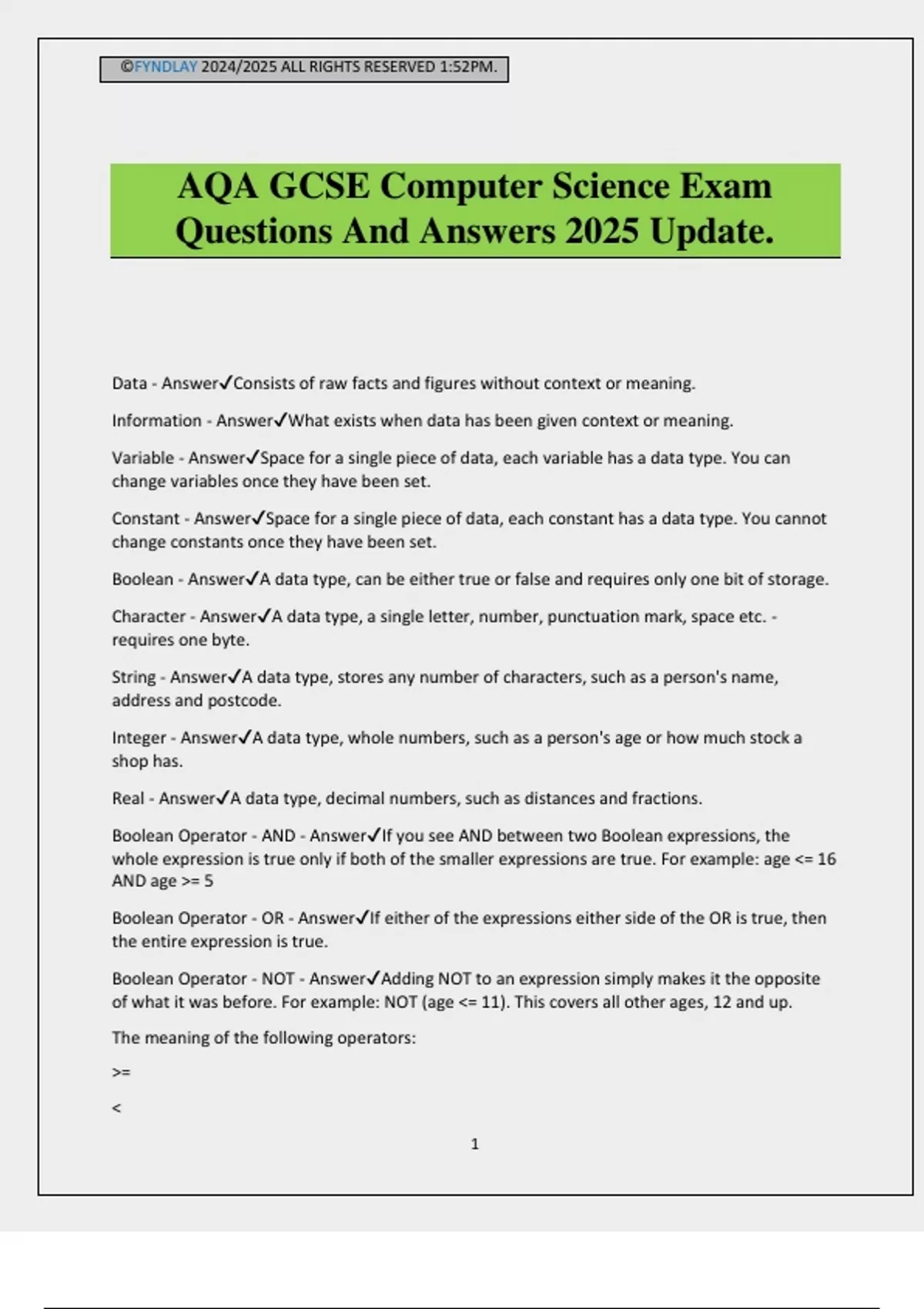 AQA GCSE Computer Science Exam Questions And Answers 2025 Update. - AQA GCSE Computer Science ...