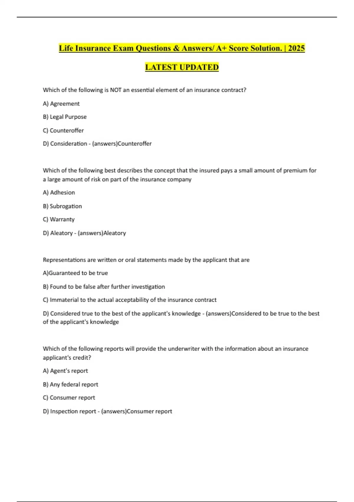 Life Insurance Exam Questions & Answers/ A+ Score Solution. | 2025 ...