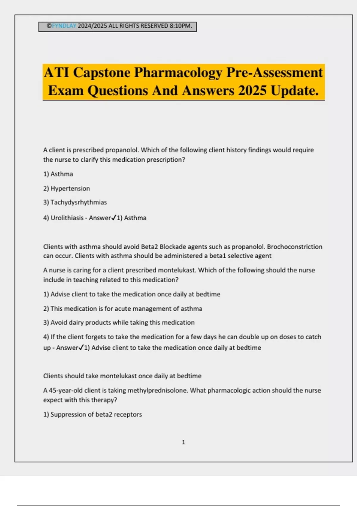 ATI Capstone Pharmacology Pre-Assessment Exam Questions And Answers ...