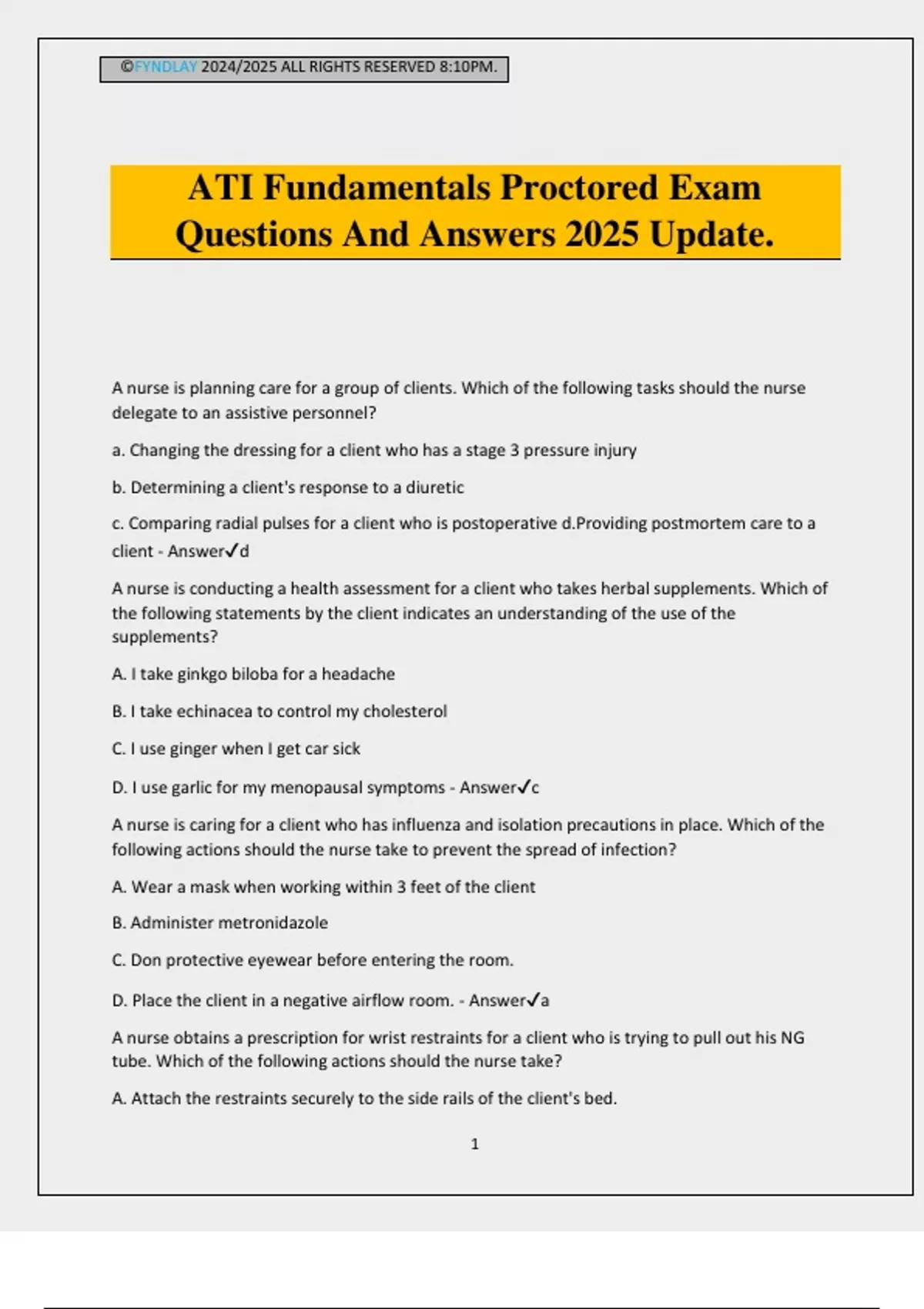 ATI Fundamentals Proctored Exam Questions And Answers 2025 Update ...