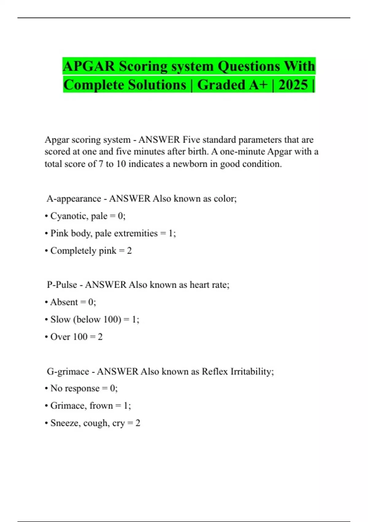 APGAR Scoring system Questions With Complete Solutions | Graded A+ ...