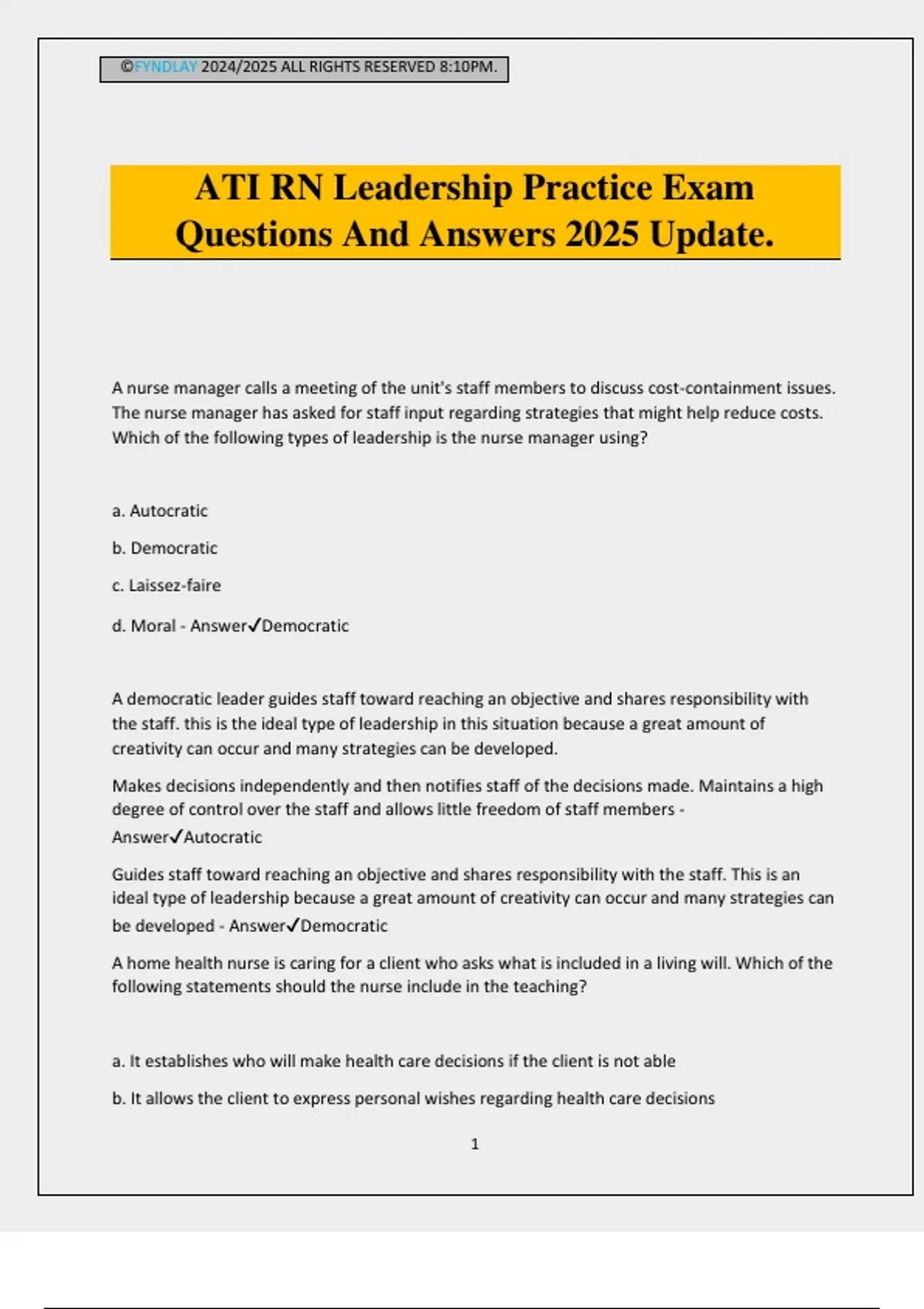ATI RN Leadership Practice Exam Questions And Answers 2025 Update. - RN ...