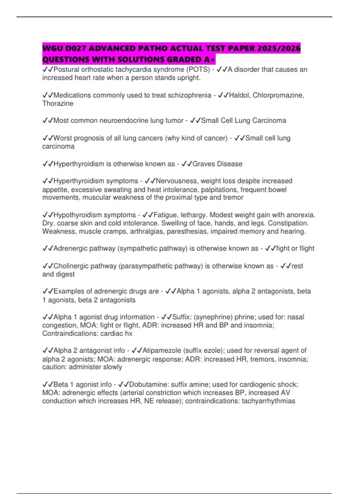 WGU D027 ADVANCED PATHO ACTUAL TEST PAPER 2025/2026 QUESTIONS WITH ...