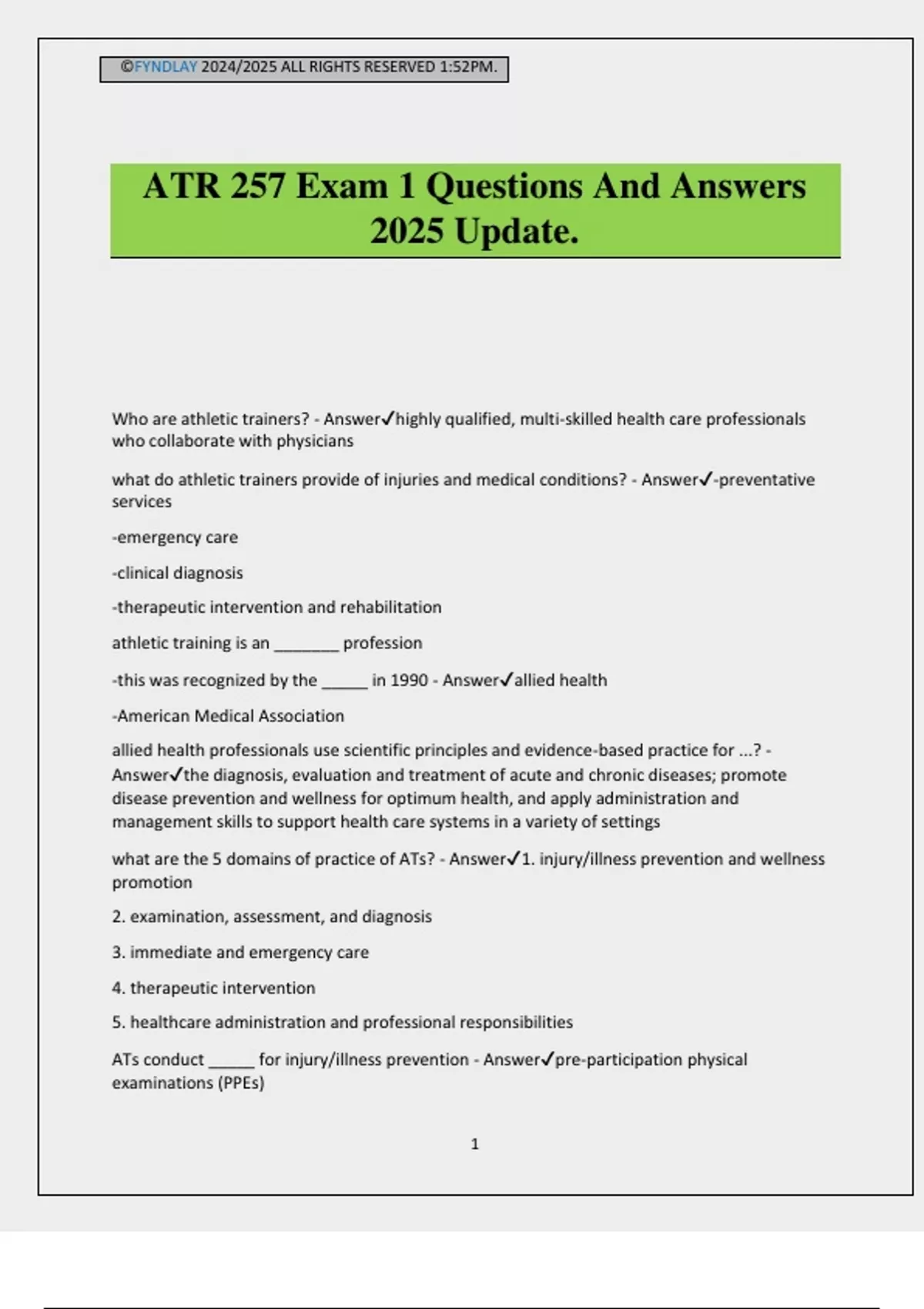 ATR 257 Exam 1 Questions And Answers 2025 Update. - ATR 257 - Stuvia US