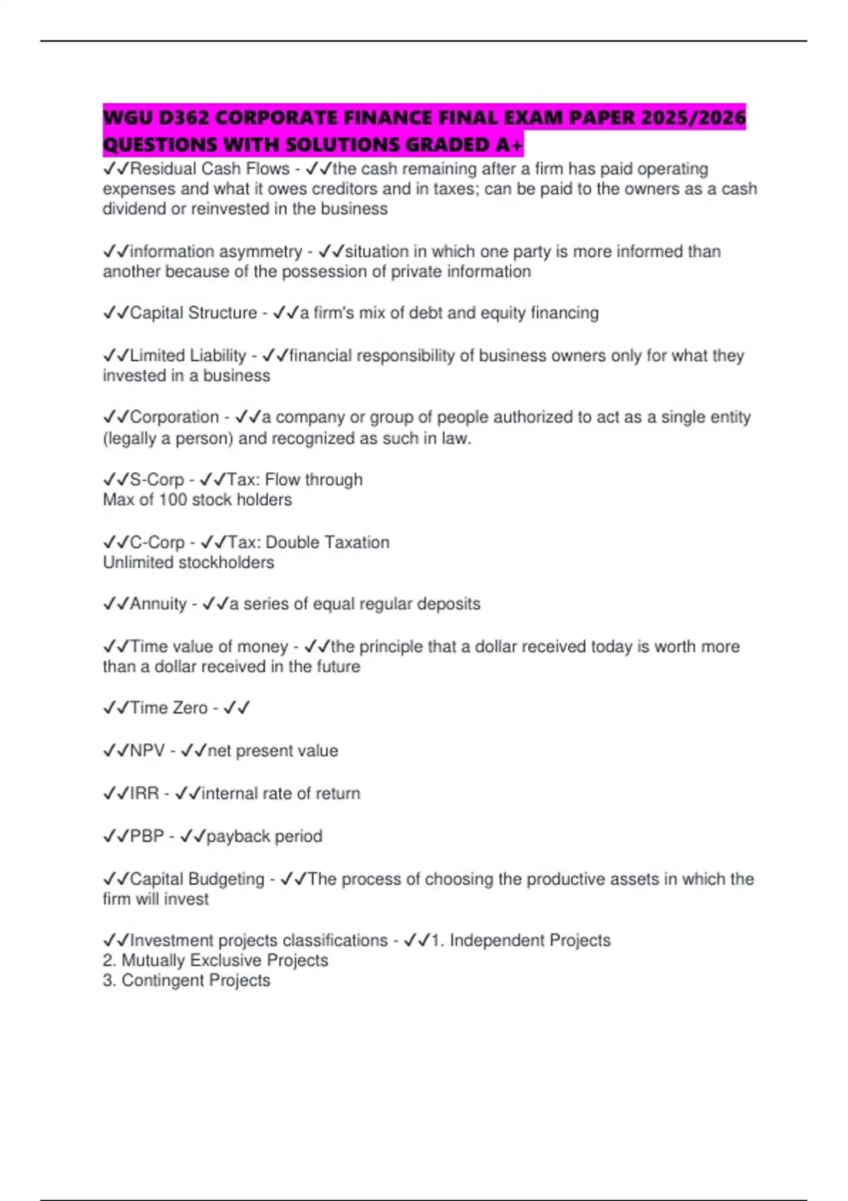 WGU D362 CORPORATE FINANCE FINAL EXAM PAPER 2025/2026 QUESTIONS WITH ...