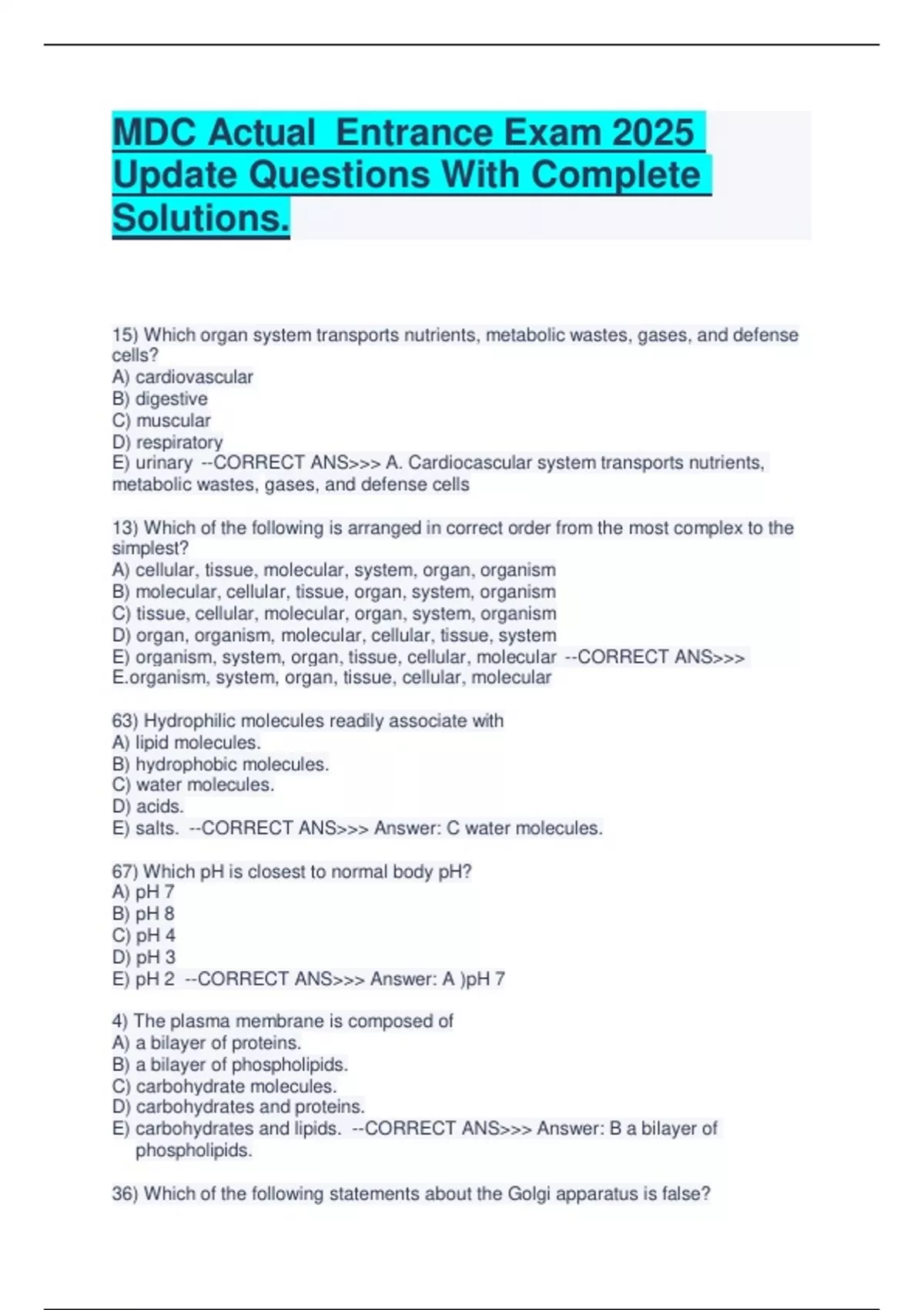MDC Actual Entrance Exam 2025 Update Questions With Complete Solutions ...