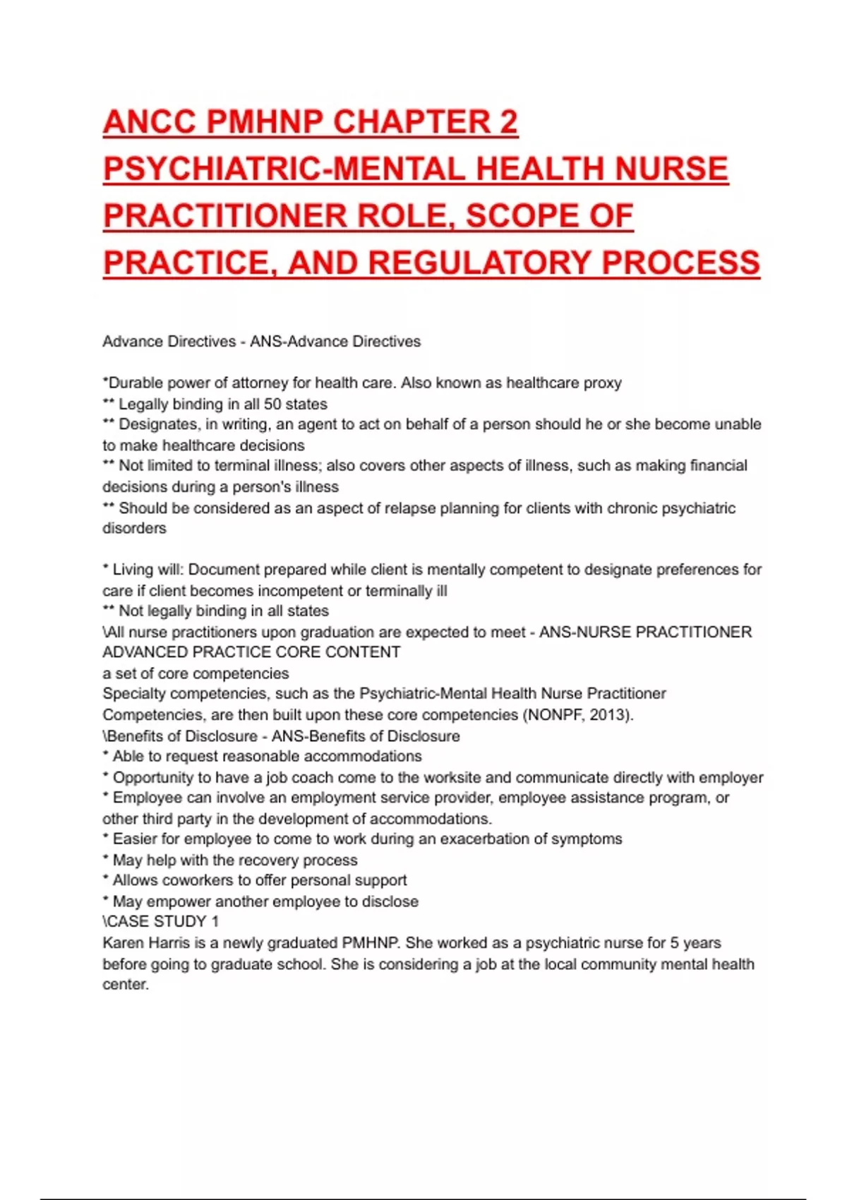 ANCC PMHNP CHAPTER 2 PSYCHIATRIC-MENTAL HEALTH NURSE PRACTITIONER ROLE ...