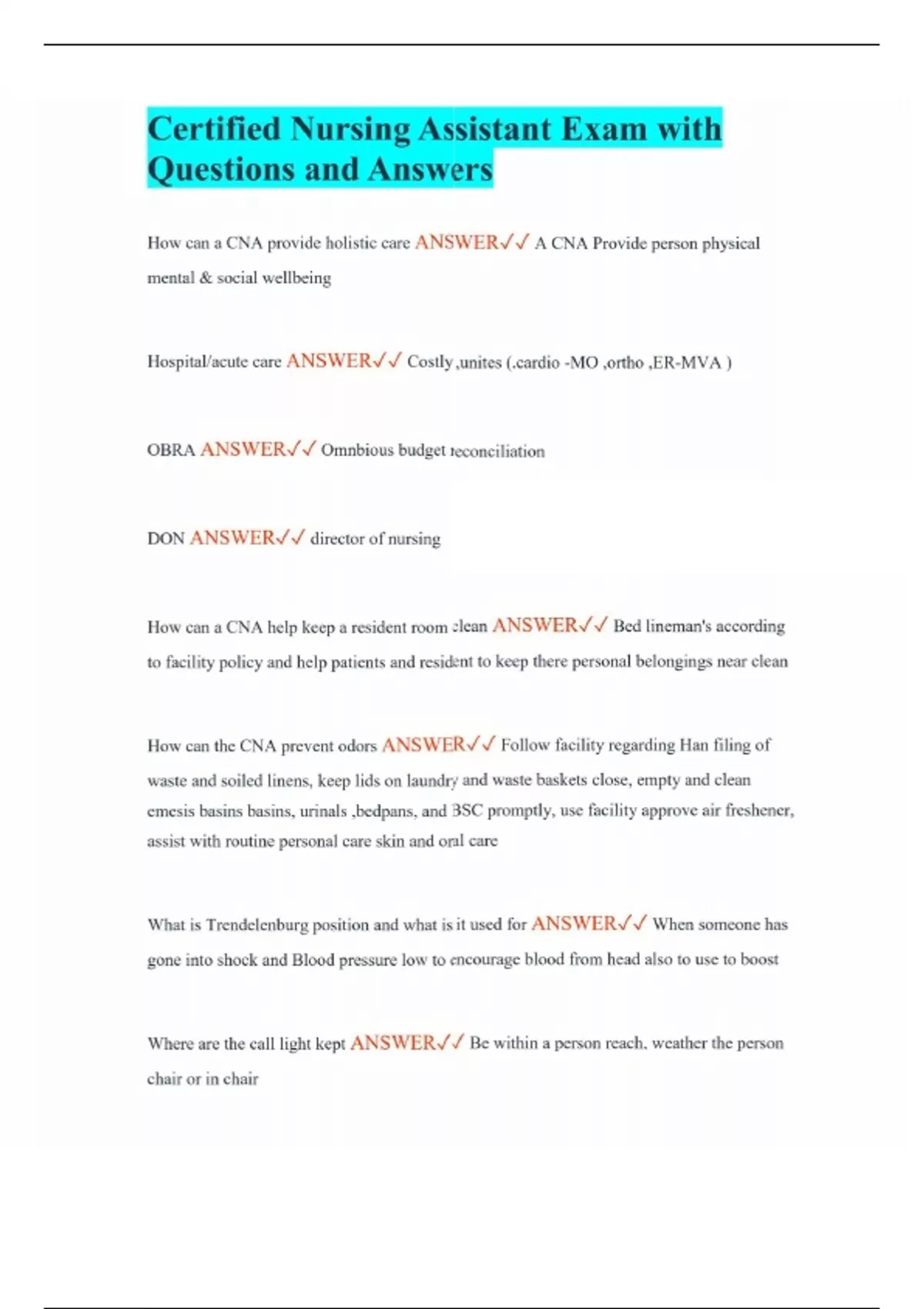 Certified Nursing Assistant Exam with Questions and Answers - Nursing ...