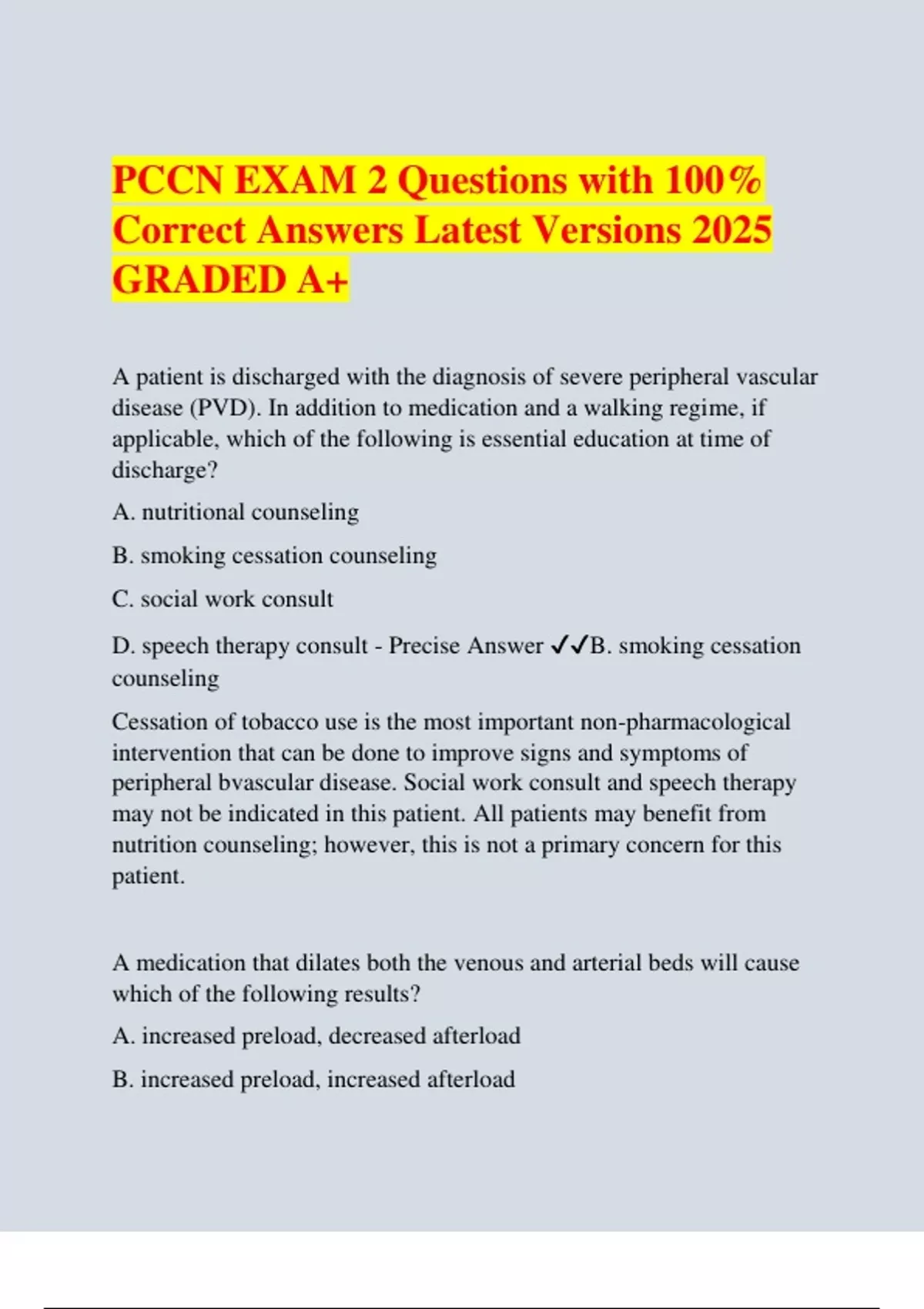 PCCN EXAM 2 Questions with 100- Correct Answers Latest Versions 2025 ...