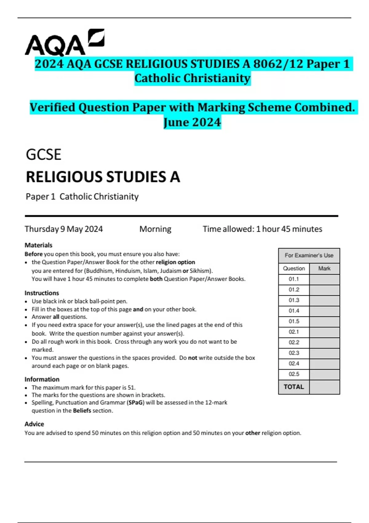 2024 AQA GCSE RELIGIOUS STUDIES A 8062/12 Paper 1 Catholic Christianity ...