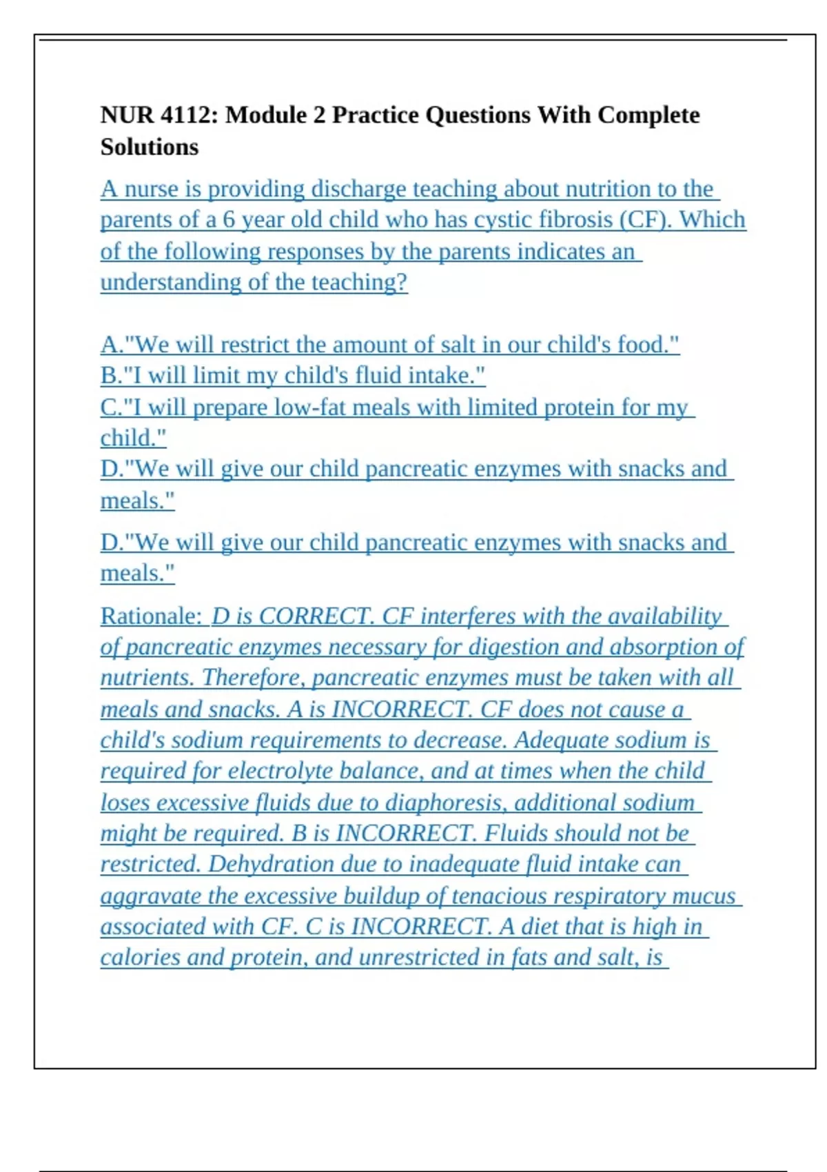 NUR 4112: Module 2 Practice Questions With Complete Solutions - NUR 4112 - Stuvia US