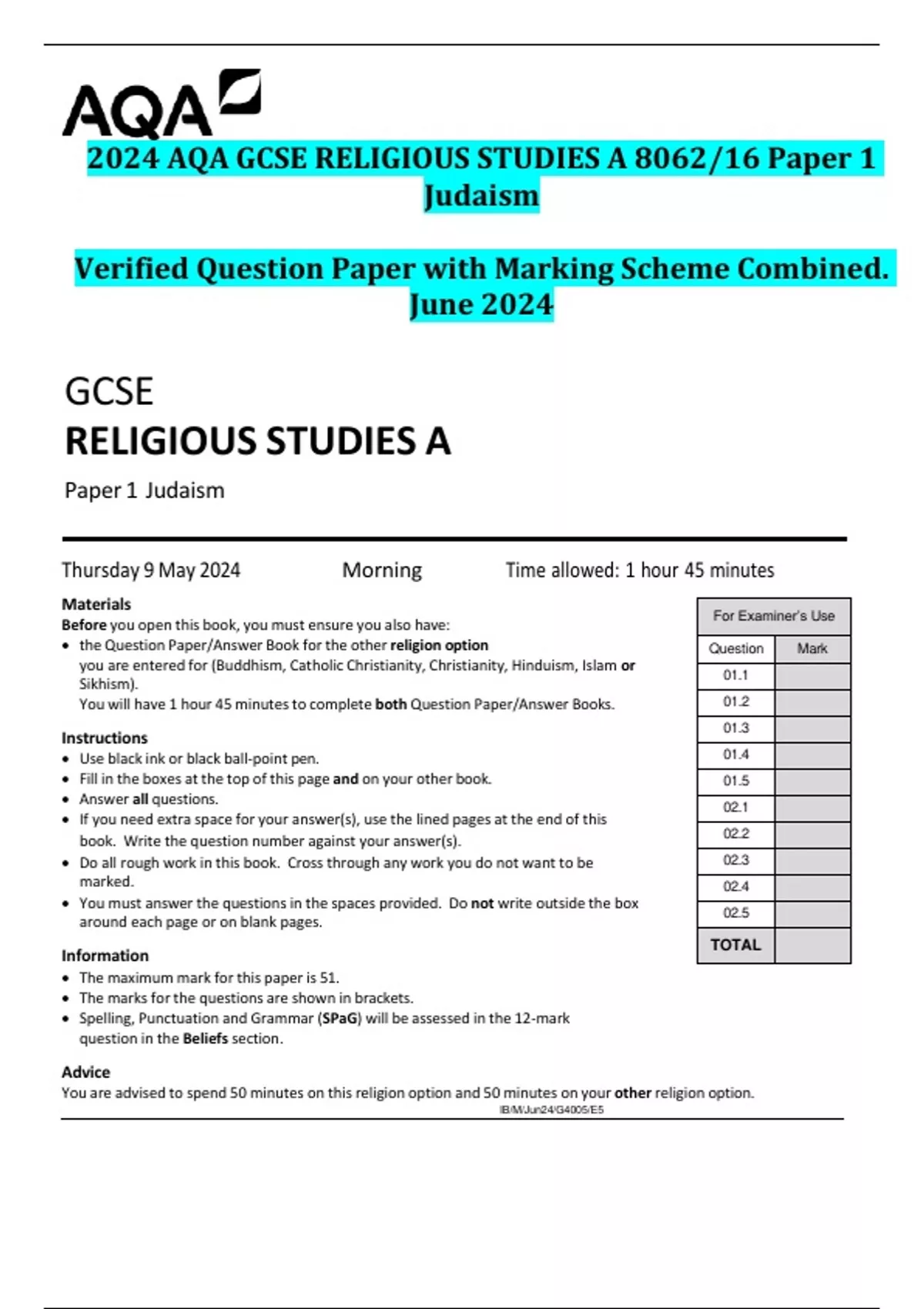 2024 AQA GCSE RELIGIOUS STUDIES A 8062/16 Paper 1 Judaism Verified ...