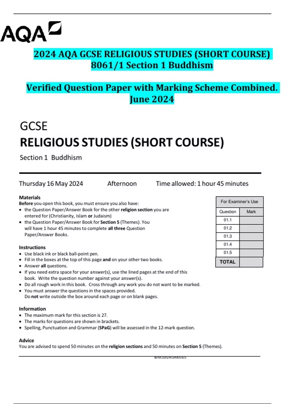 2024 AQA GCSE RELIGIOUS STUDIES (SHORT COURSE) 8061/1 Section 1 ...