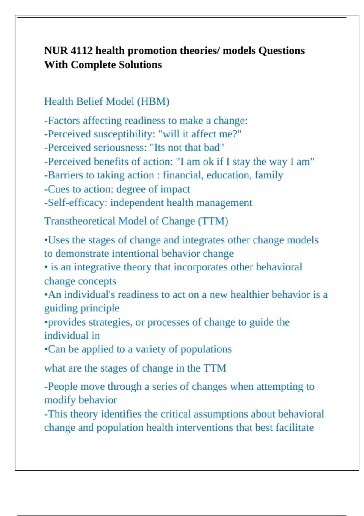 NUR 4112 health promotion theories/ models Questions With Complete Solutions - NUR 4112 - Stuvia US