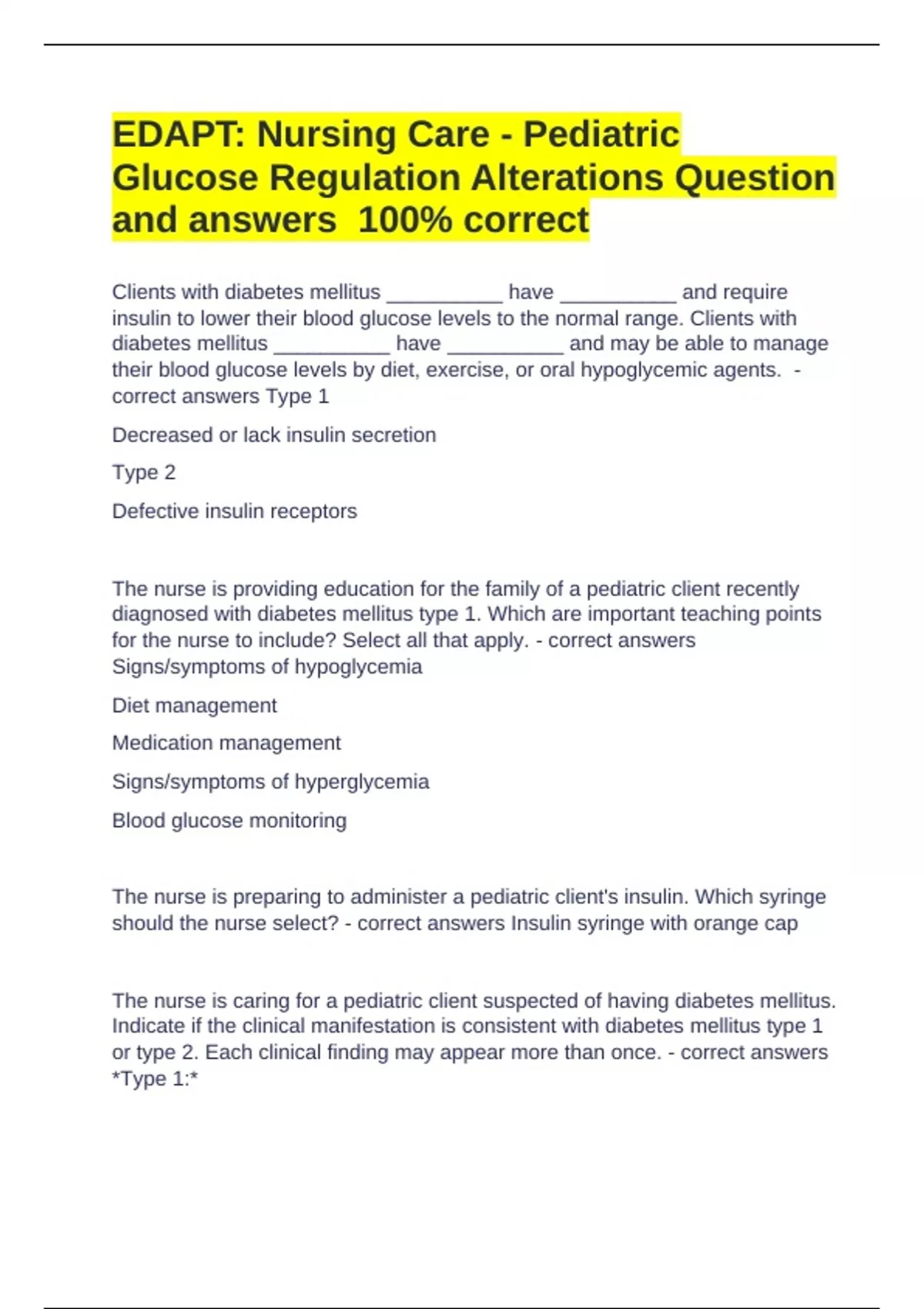 EDAPT: Nursing Care - Pediatric Glucose Regulation Alterations Question ...
