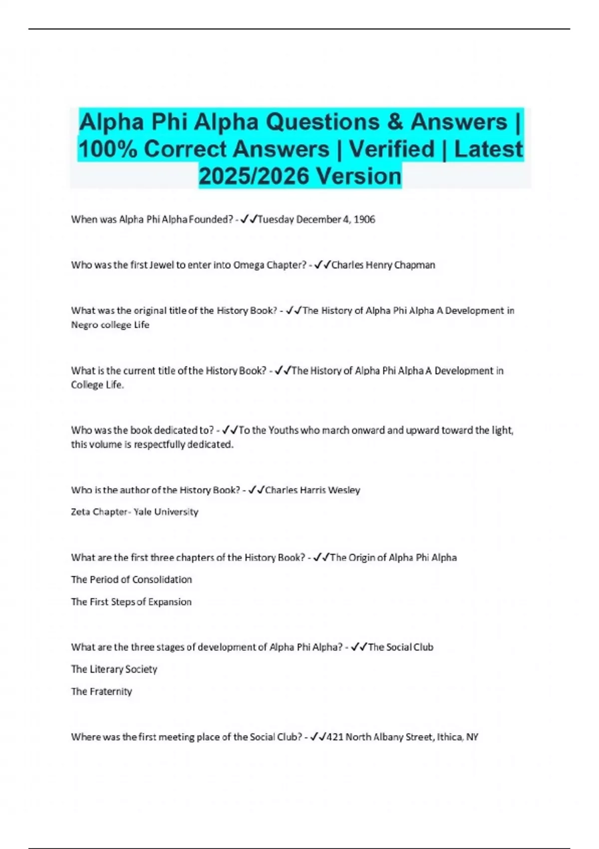 Alpha Phi Alpha Questions & Answers | 100% Correct Answers | Verified ...