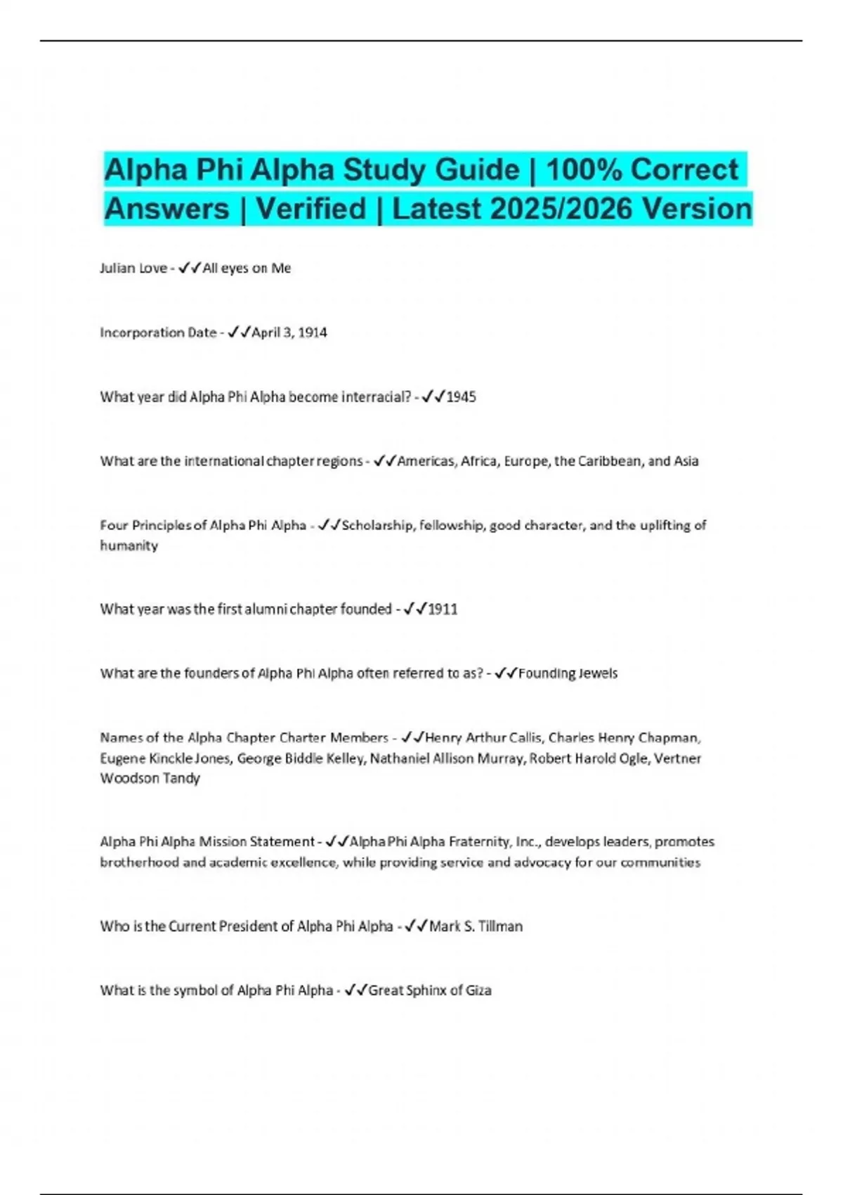 Alpha Phi Alpha Study Guide | 100% Correct Answers | Verified | Latest ...