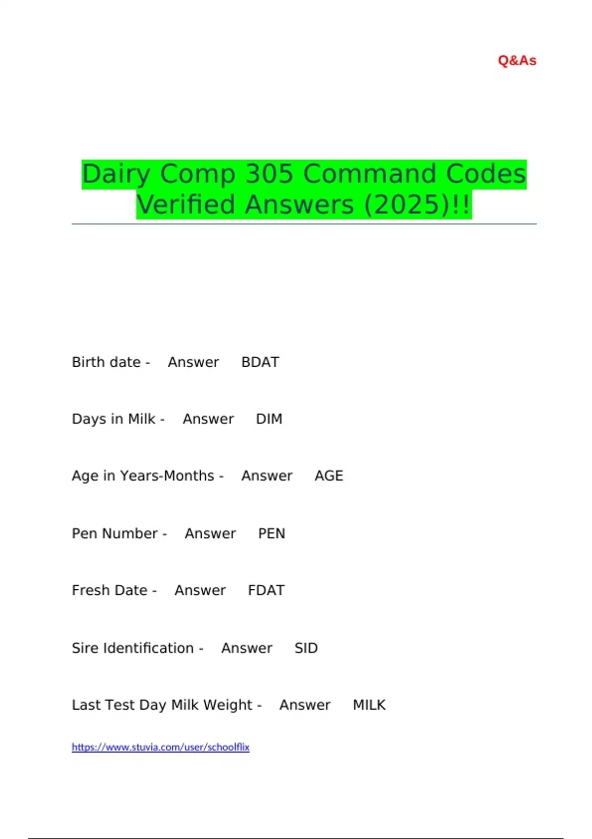 Dairy Comp 305 Command Codes Verified Answers (2025)!! - Comp 305 - Stuvia