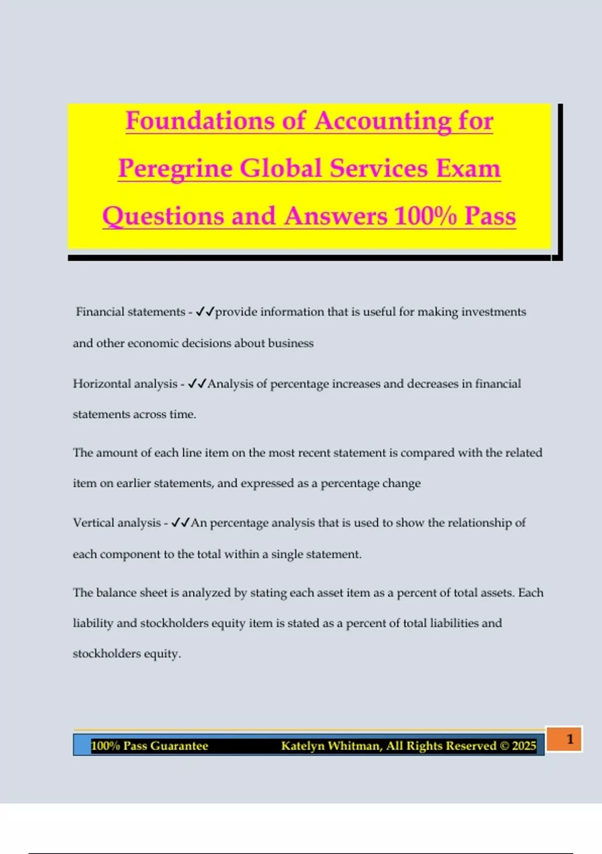 Foundations of Accounting for Peregrine Global Services Exam Questions and Answers 100% Pass ...