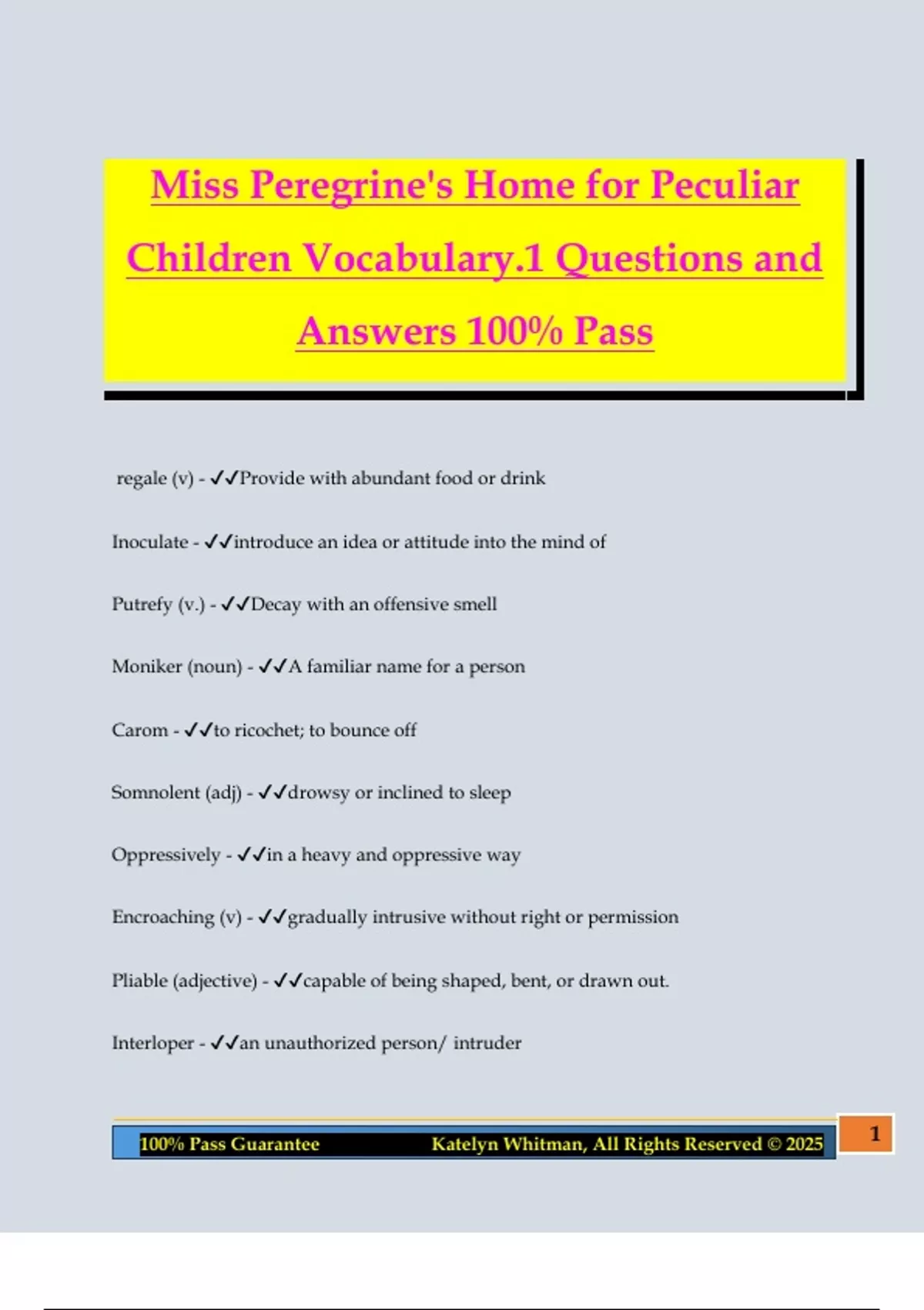 Miss Peregrine's Home for Peculiar Children Vocabulary.1 Questions and ...