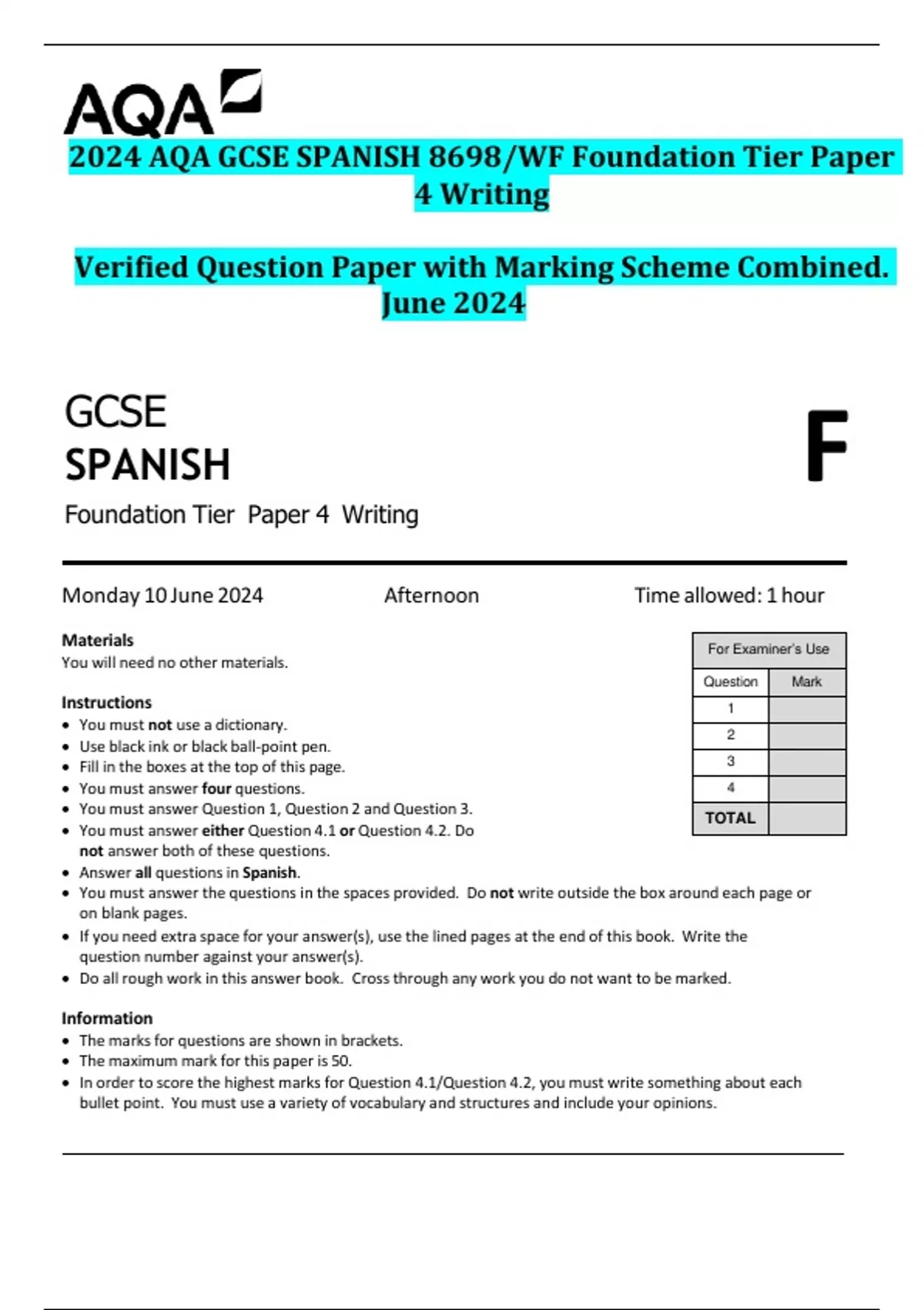 2024 AQA GCSE SPANISH 8698/WF Foundation Tier Paper 4 Writing Verified ...