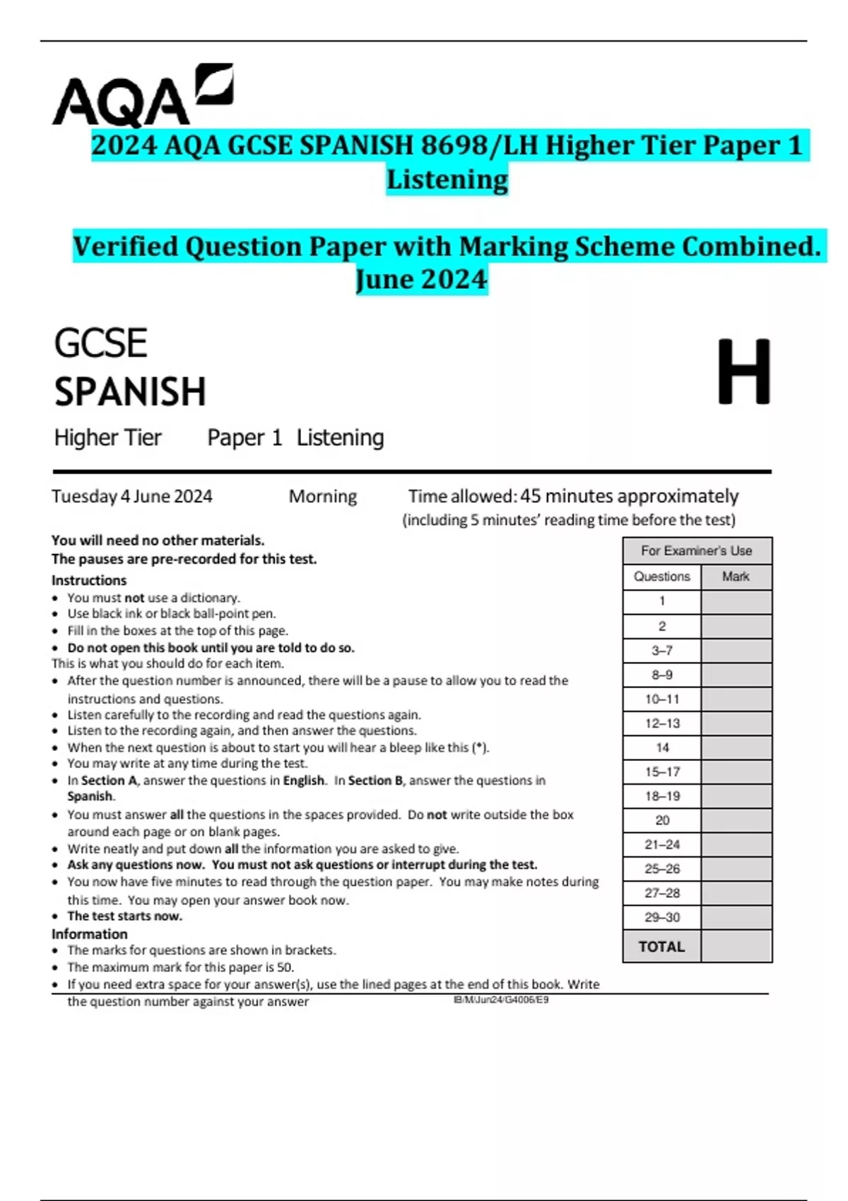 2024 AQA GCSE SPANISH 8698/LH Higher Tier Paper 1 Listening Verified ...