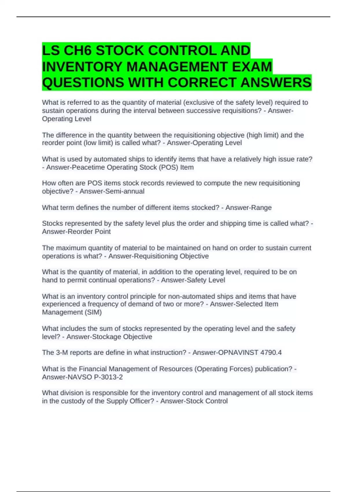LS CH6 STOCK CONTROL AND INVENTORY MANAGEMENT EXAM QUESTIONS WITH ...
