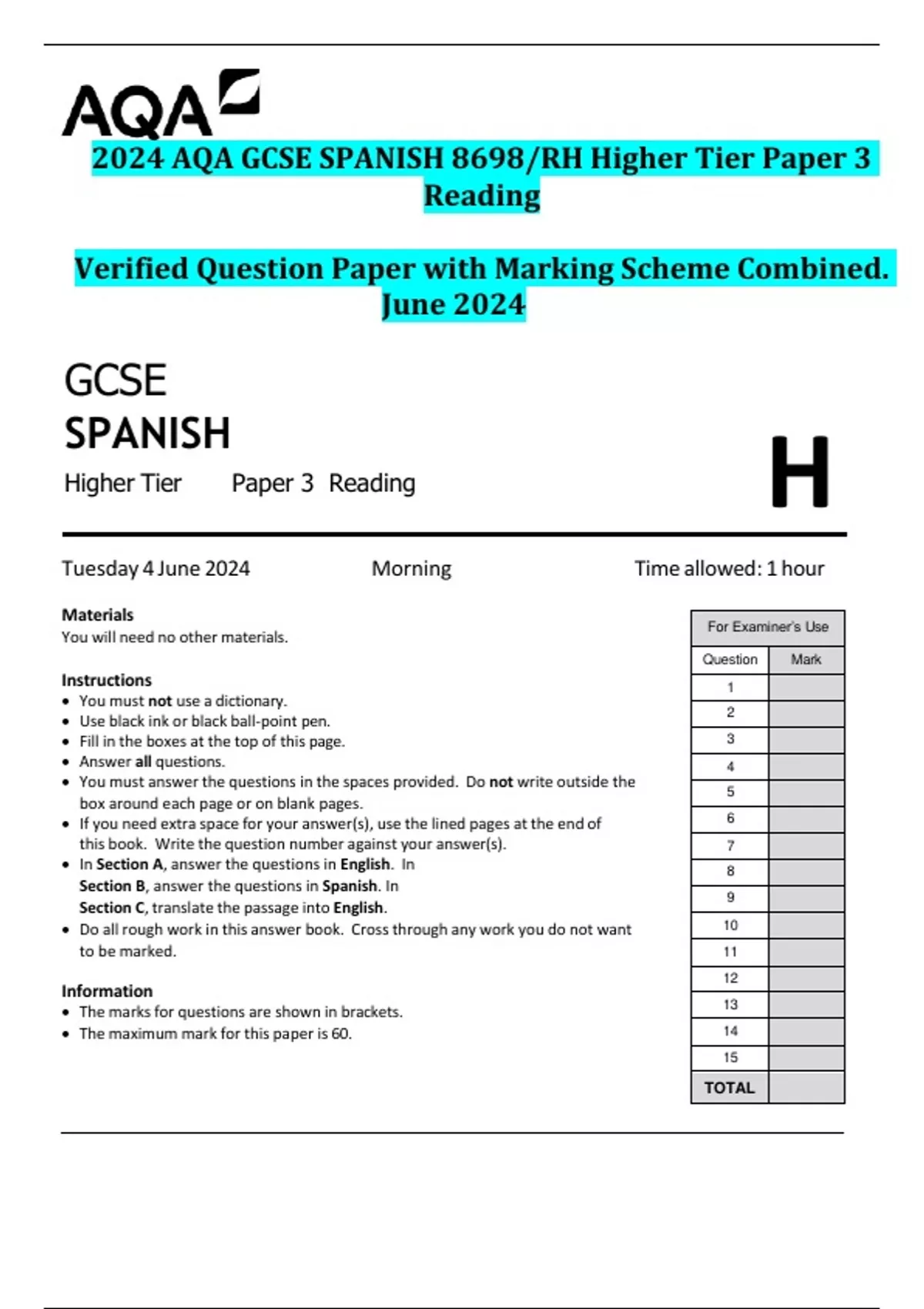 2024 AQA GCSE SPANISH 8698/RH Higher Tier Paper 3 Reading Verified ...