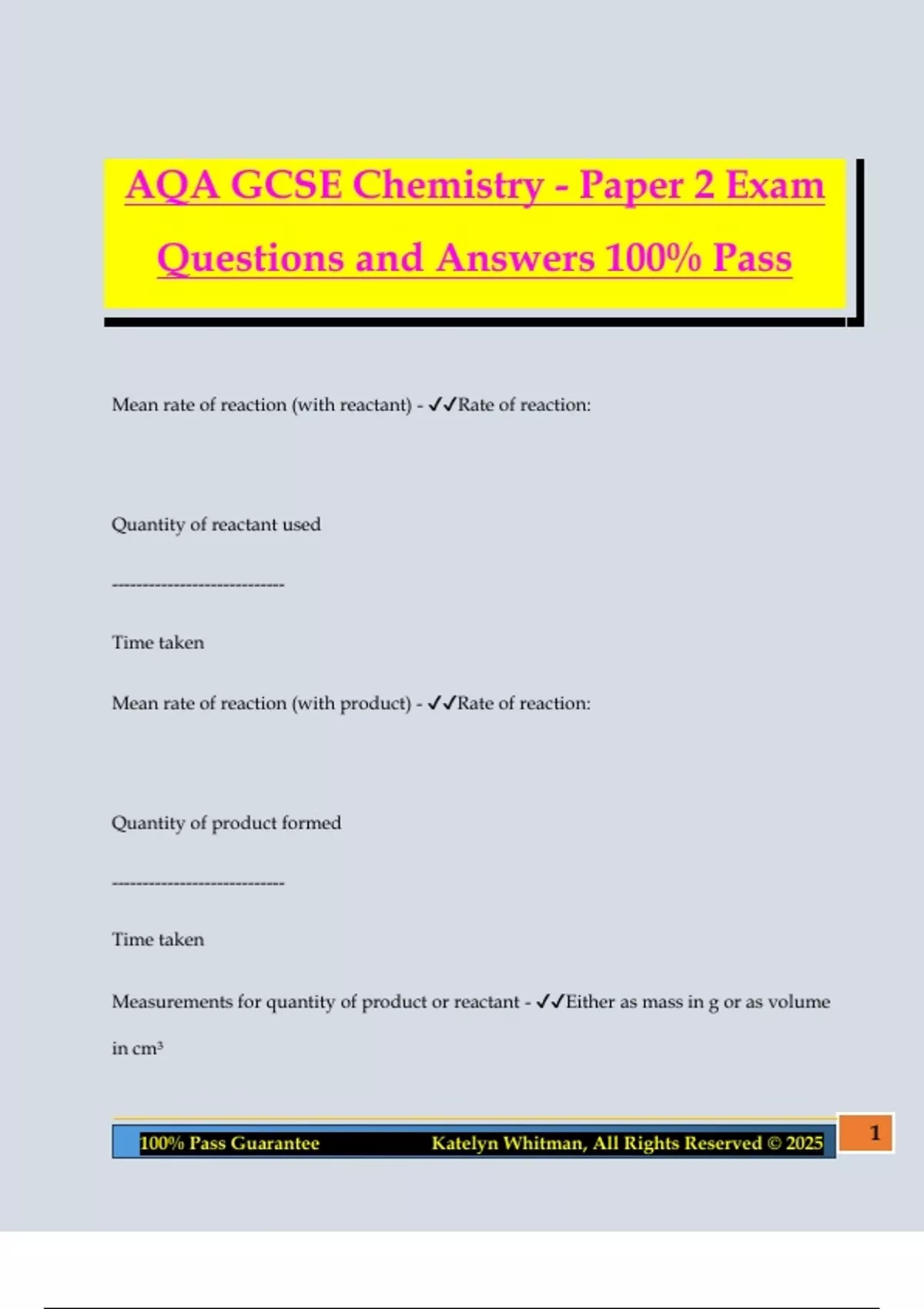 AQA GCSE Chemistry - Paper 2 Exam Questions and Answers 100% Pass - AQA ...