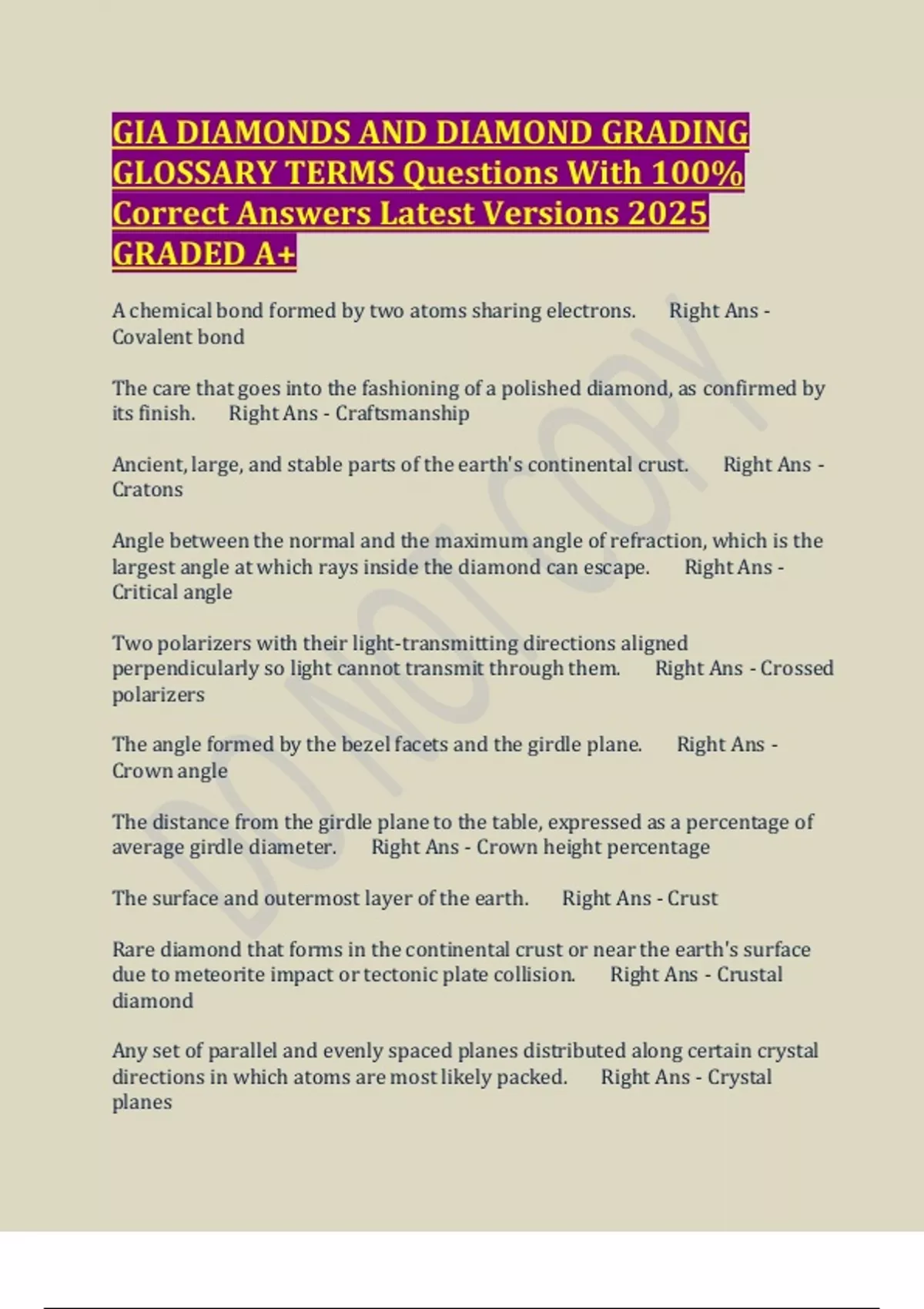 GIA DIAMONDS AND DIAMOND GRADING GLOSSARY TERMS Questions With 100 ...