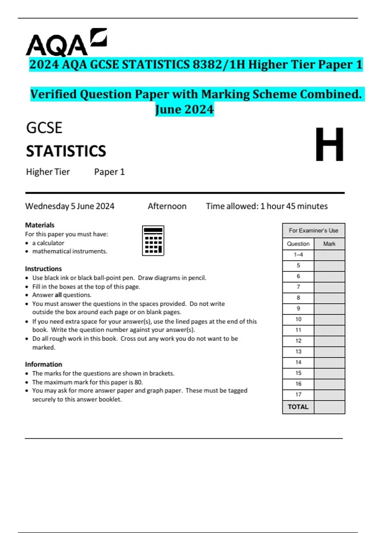 2024 AQA GCSE STATISTICS 8382/1H Higher Tier Paper 1 Verified Question ...