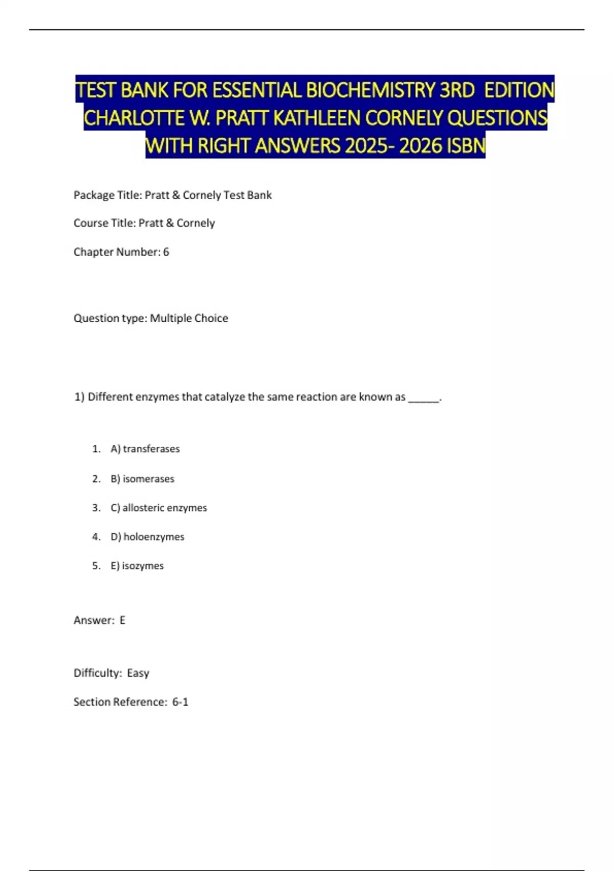TEST BANK FOR ESSENTIAL BIOCHEMISTRY 3RD EDITION CHARLOTTE W. PRATT ...
