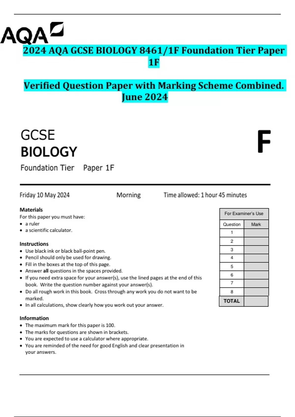 2024 AQA GCSE BIOLOGY 8461/1F Foundation Tier Paper 1F Verified ...